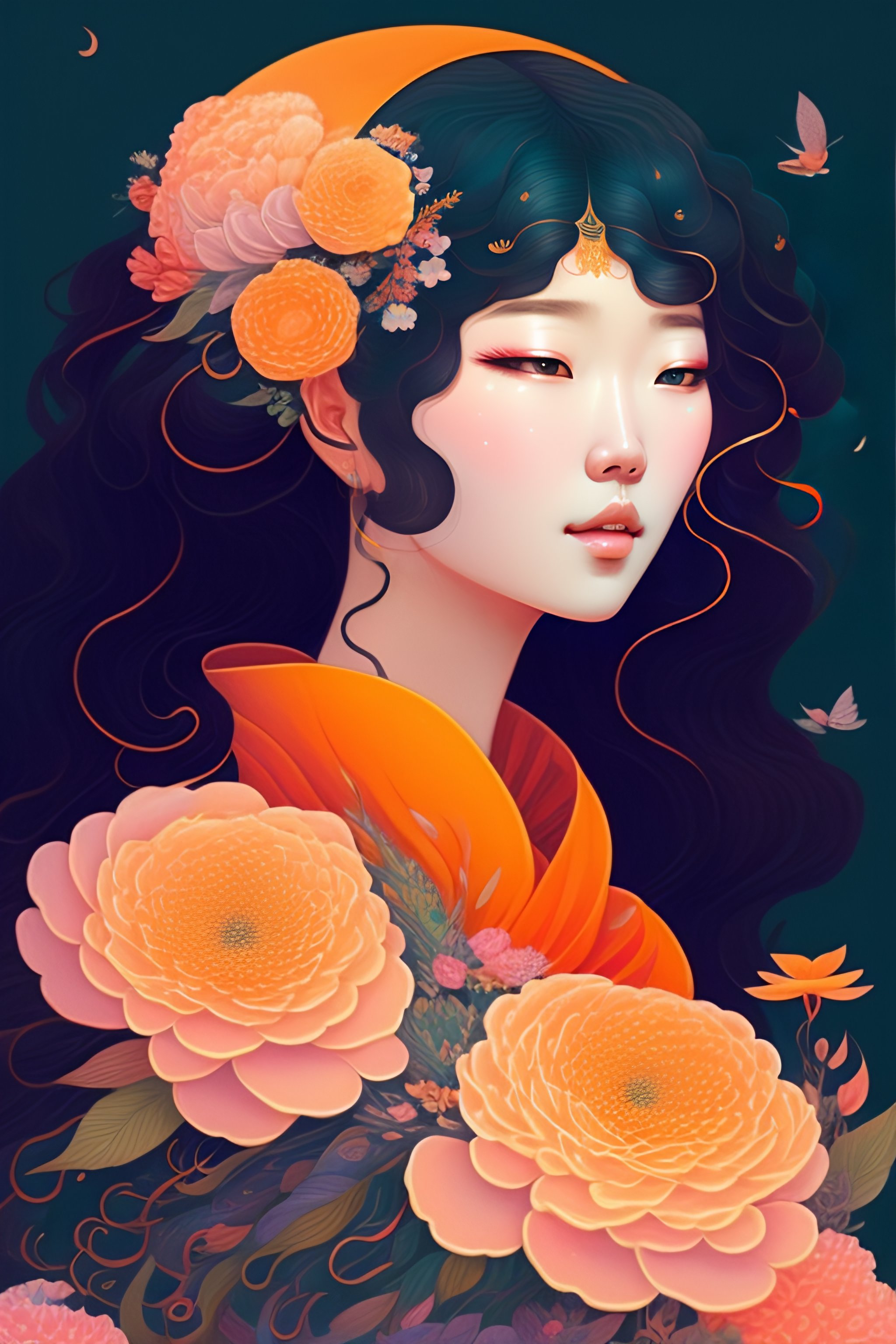 Lexica - Beautiful cute front portrait korean ninfa, big long curly ...