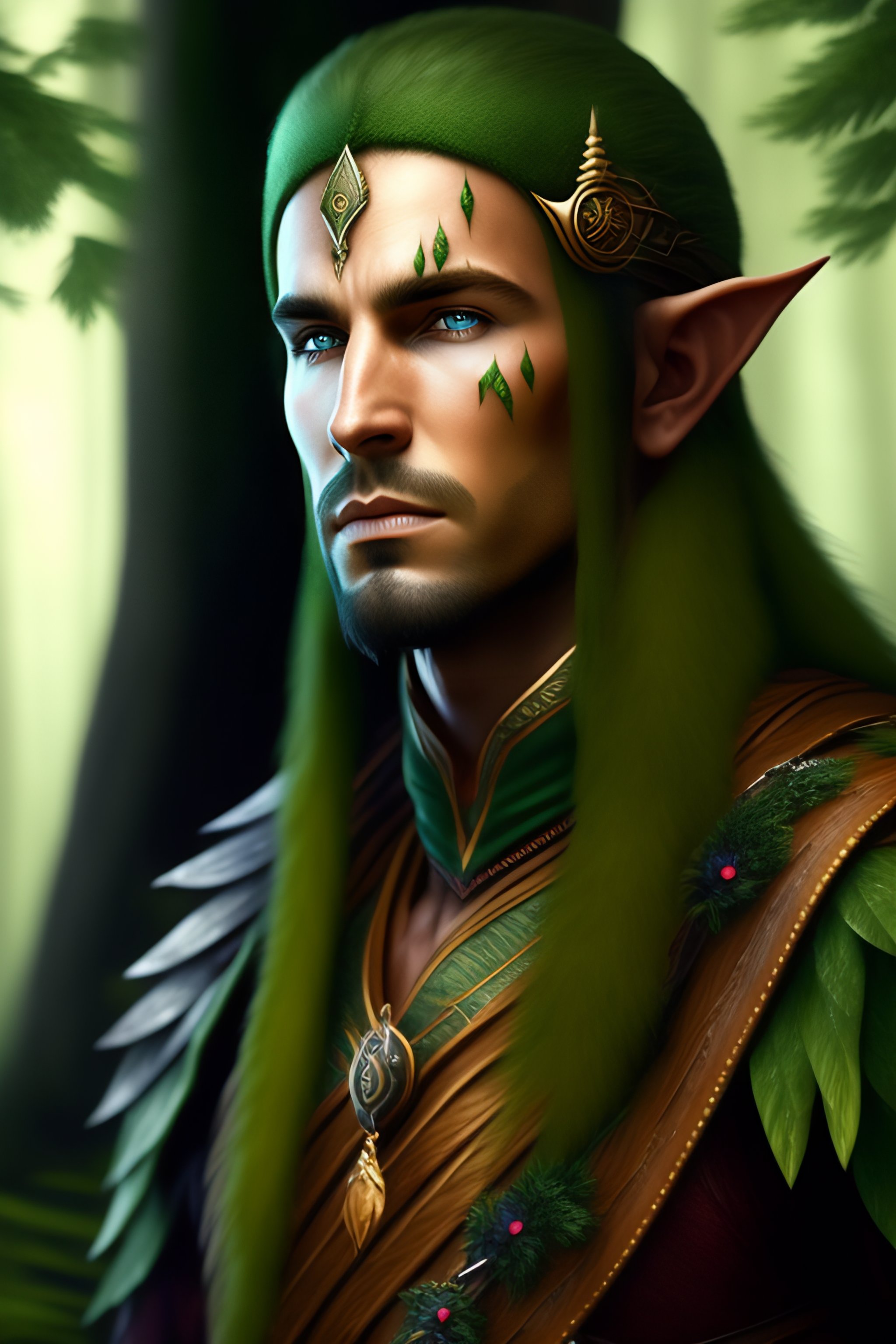 Lexica - Male elf with scarred face, archer, druid, in a forest