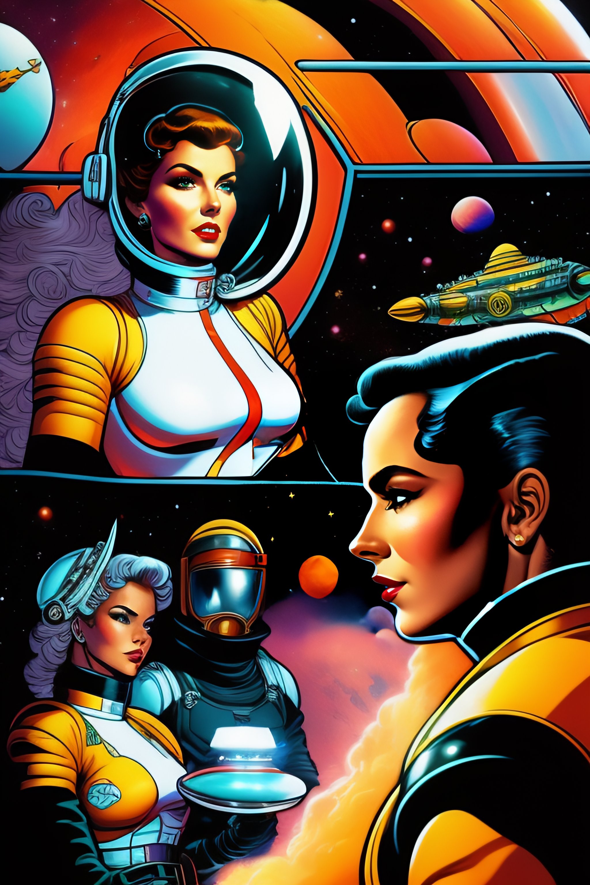 Lexica - Retro space captain giving commands to the crew in spacecraft ...