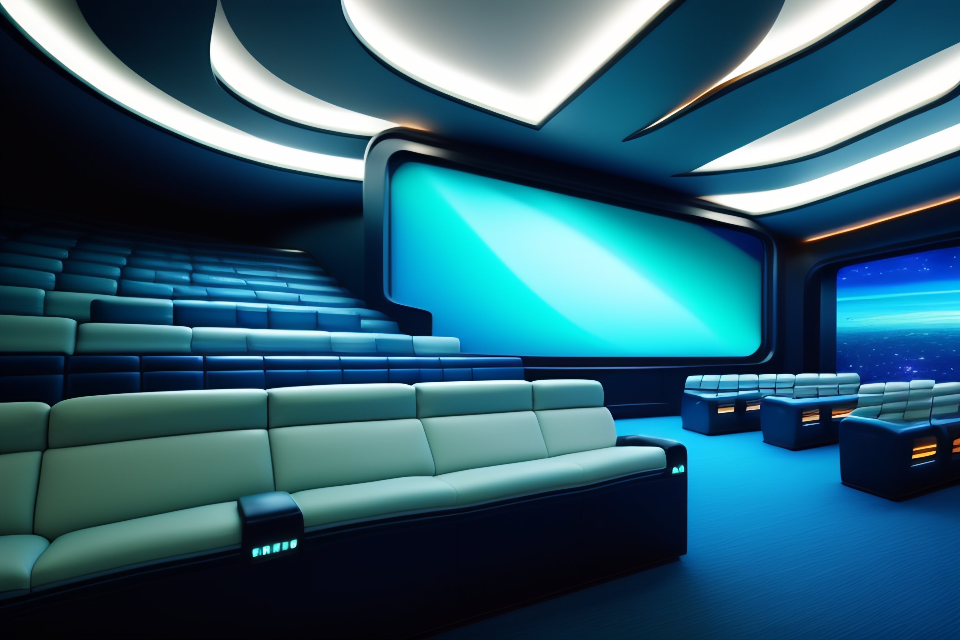 Lexica - Futuristic movie theater , sky blue leather seats, cinematic ...
