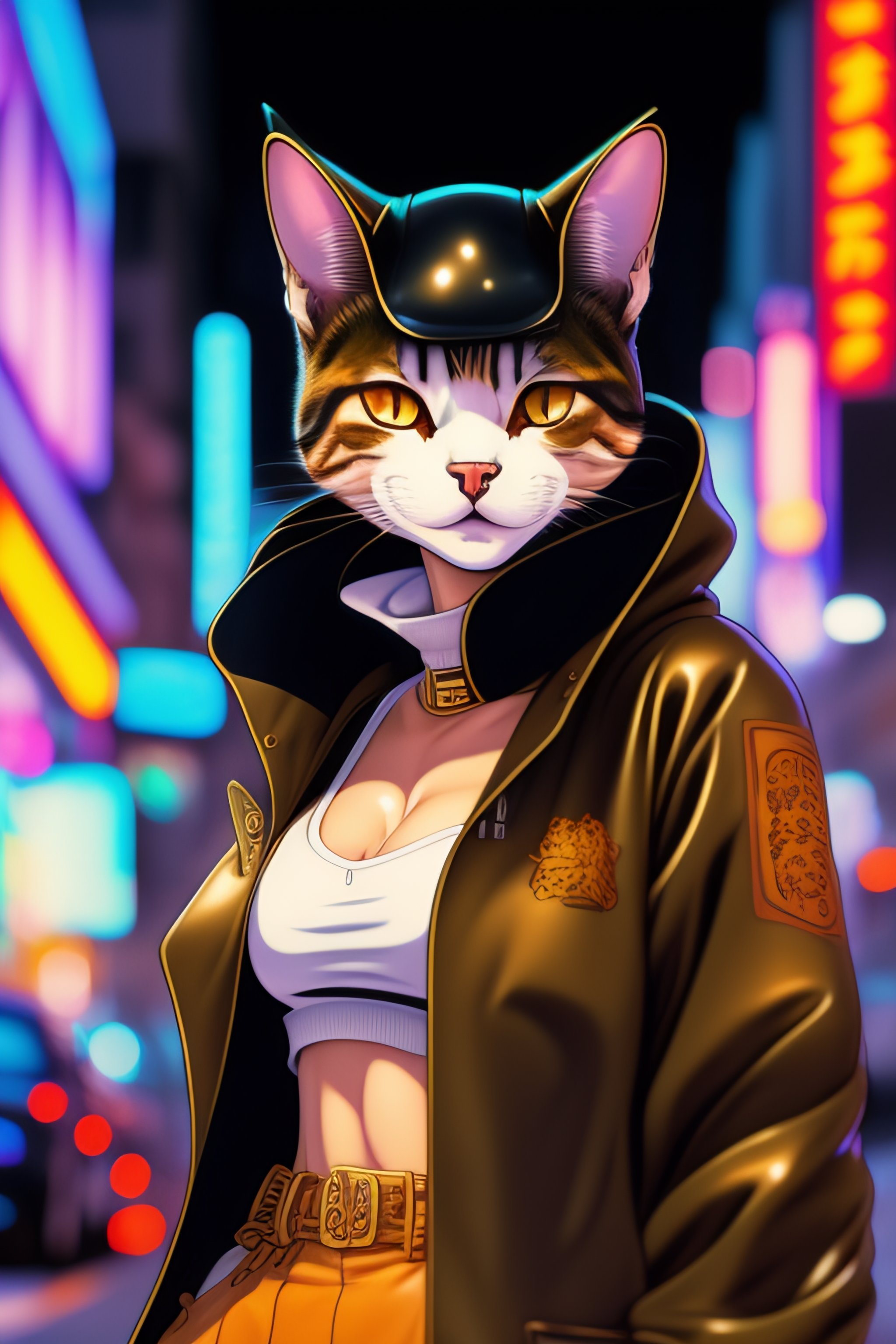 Lexica - Vintage 90's anime style. a cat wearing a black lather jacket ...