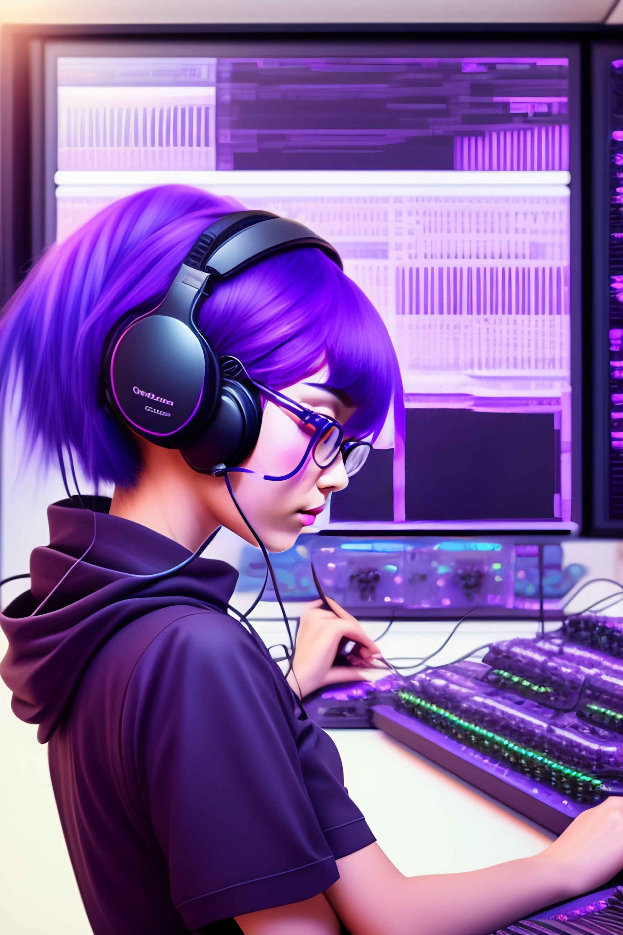 Lexica - Anime girl with purple hair, programming a modular synthesizer ...