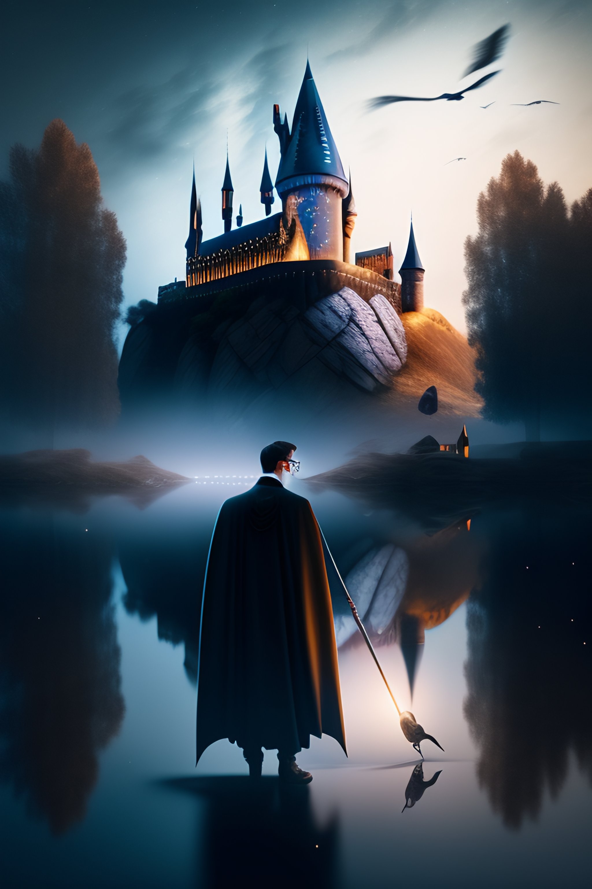 Lexica - Photo of Harry Potter holding his wand in front of Hogwarts ...