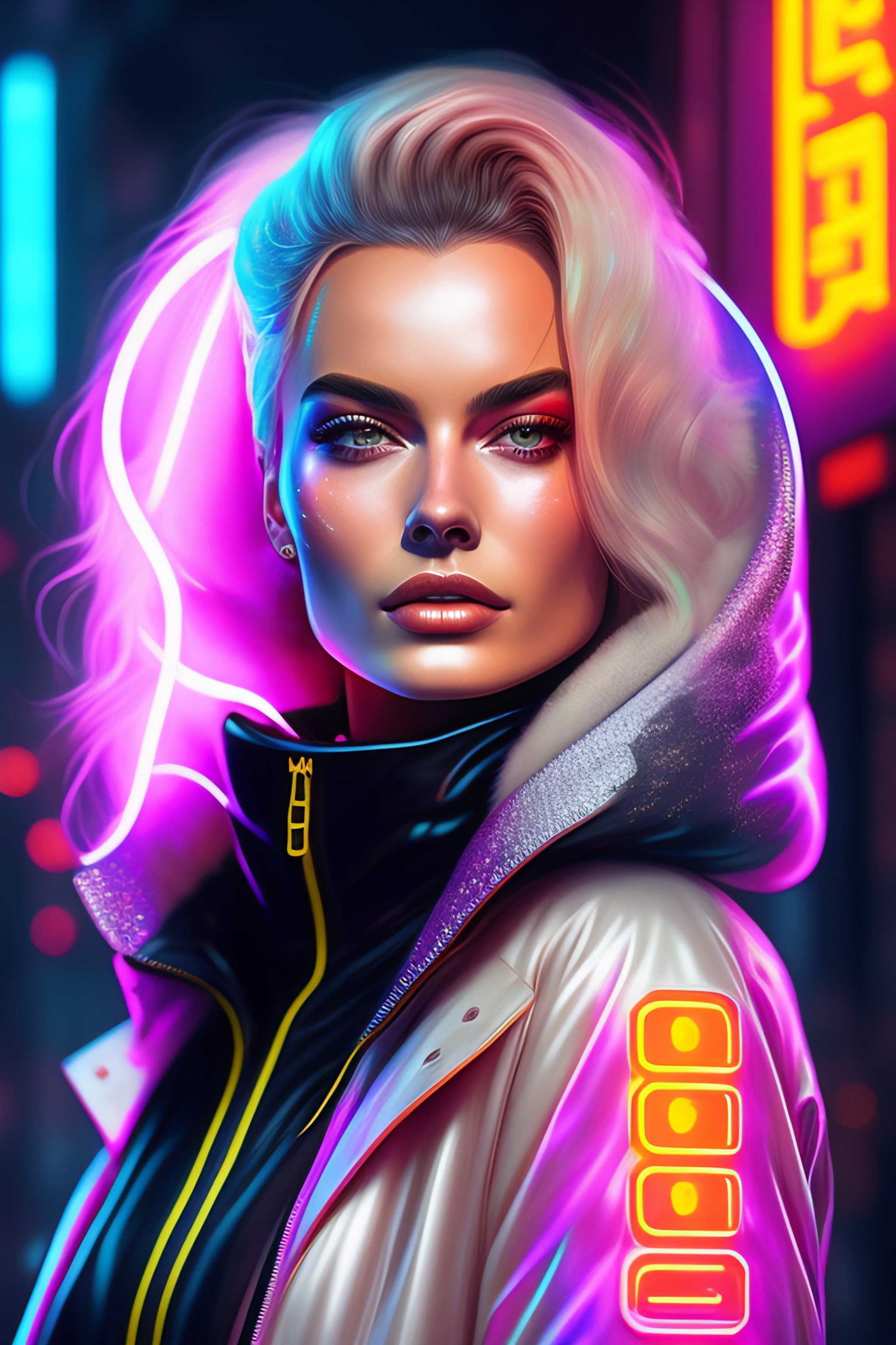 Lexica - Detailed margot robbie portrait neon operator girl cyberpunk ...