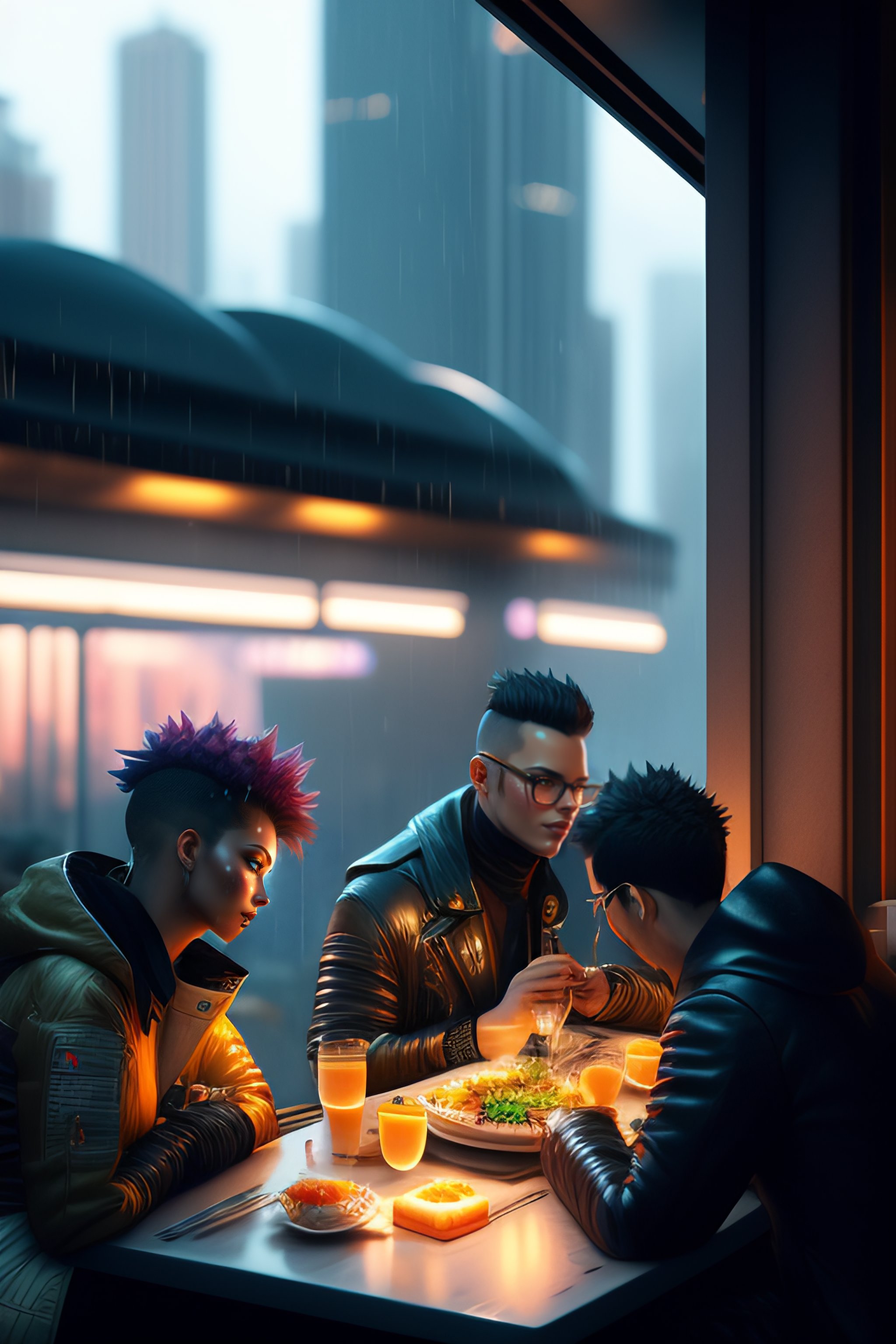 Lexica - A group of cyberpunk cyborg eating sushi on a table outside in ...