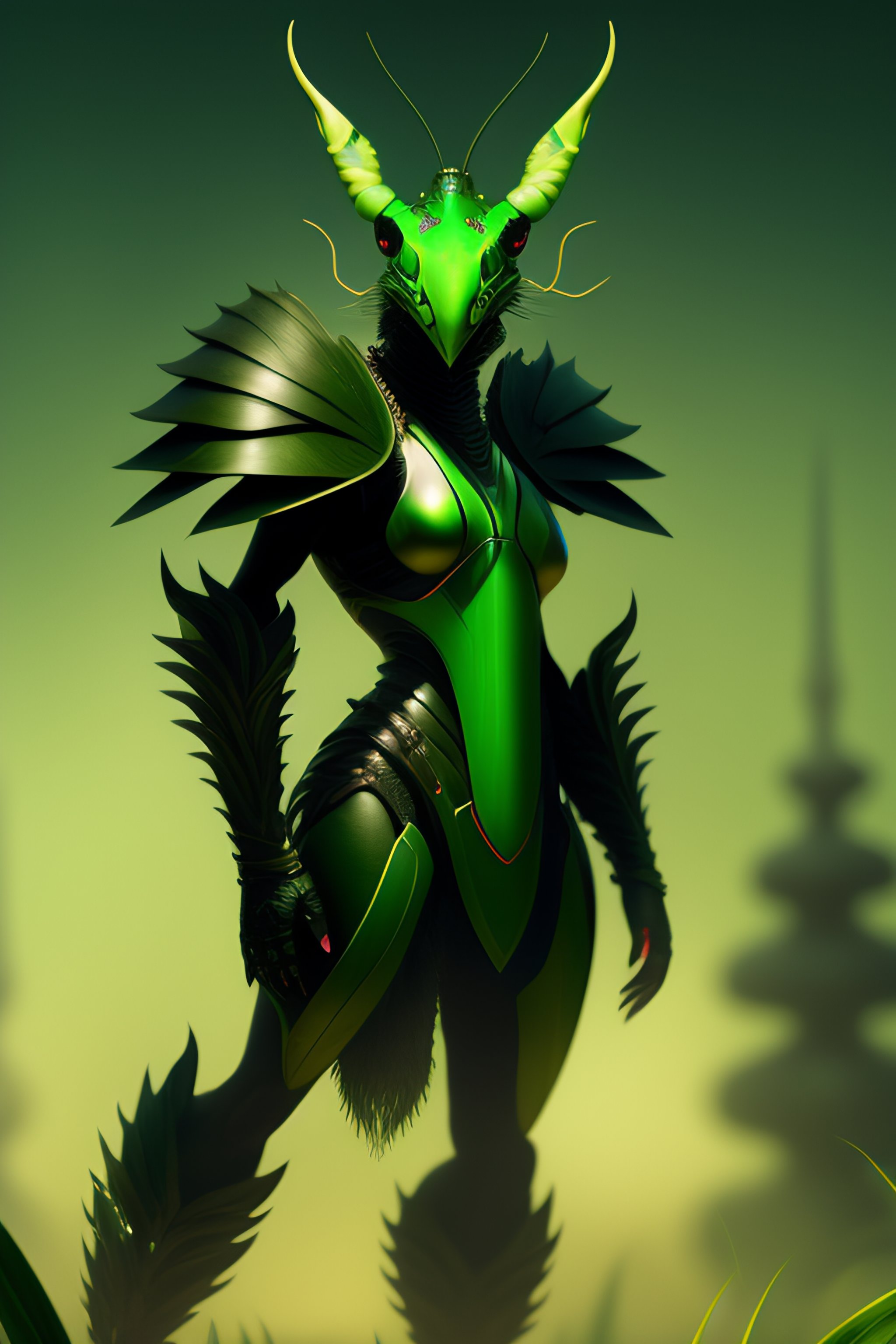 Lexica - Full body shot a of green man - mantis ; head with antennae ...