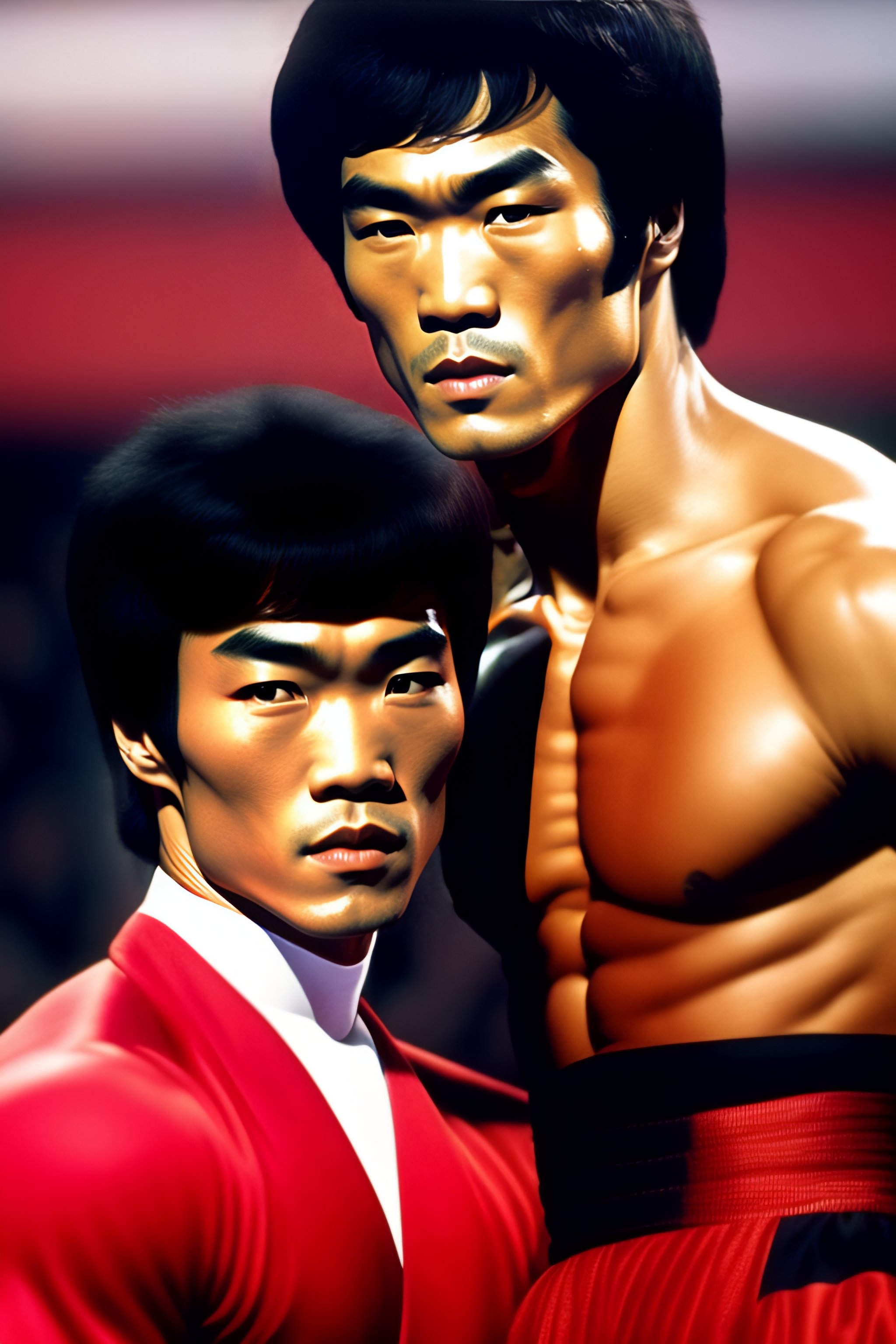 Lexica - Bruce lee portant un kimono rouge, sur un rign de boxe, très ...