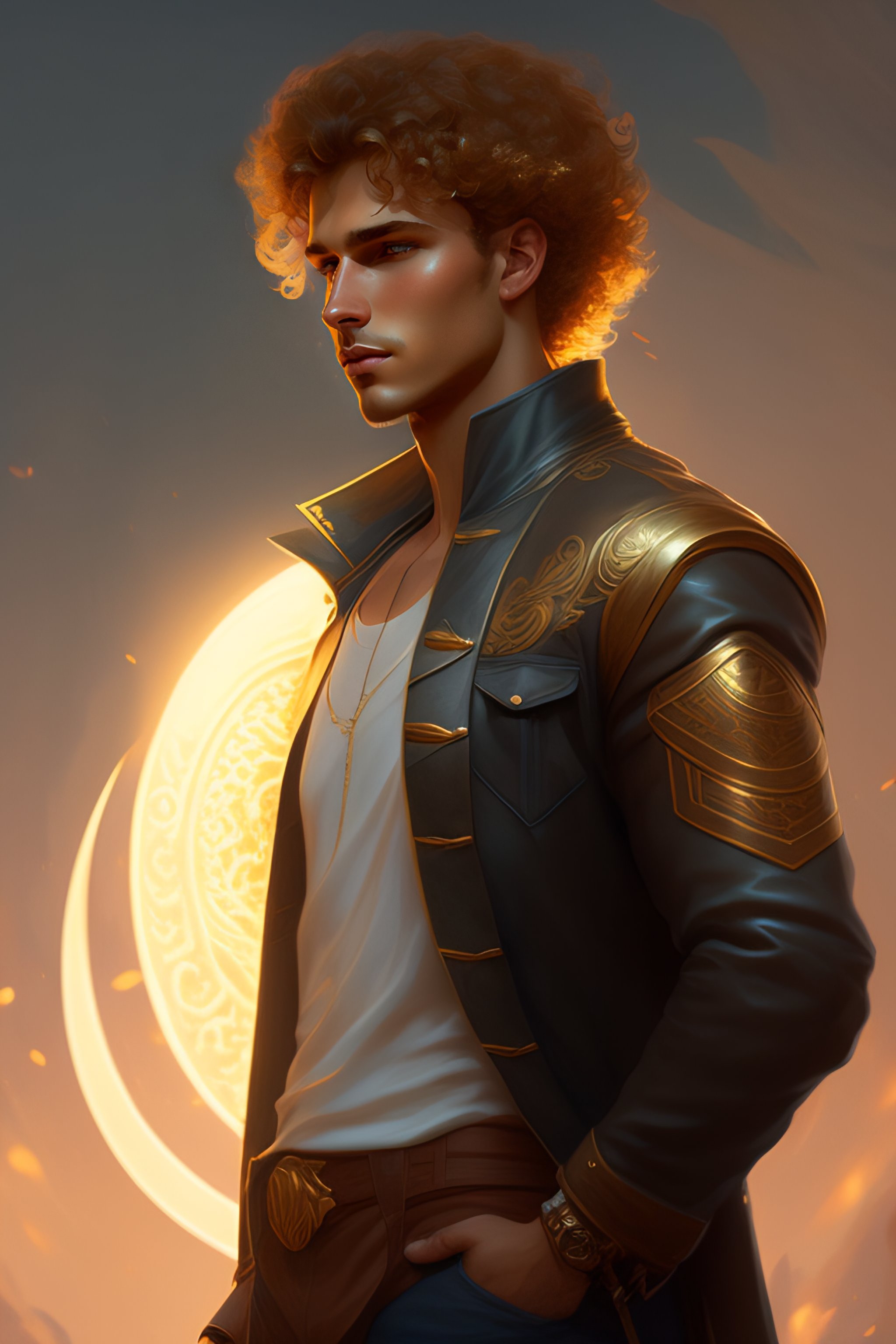 Lexica - Young man, sun demigod with golden curly hair, hair, jeans ...