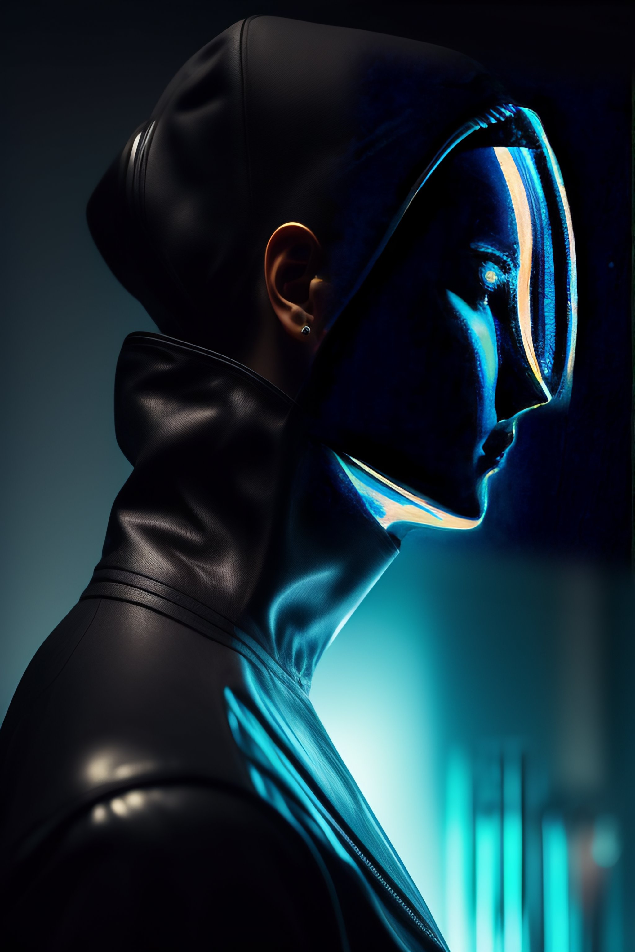 Lexica - Faceless android made of glass in a cyberpunk setting, dark ...