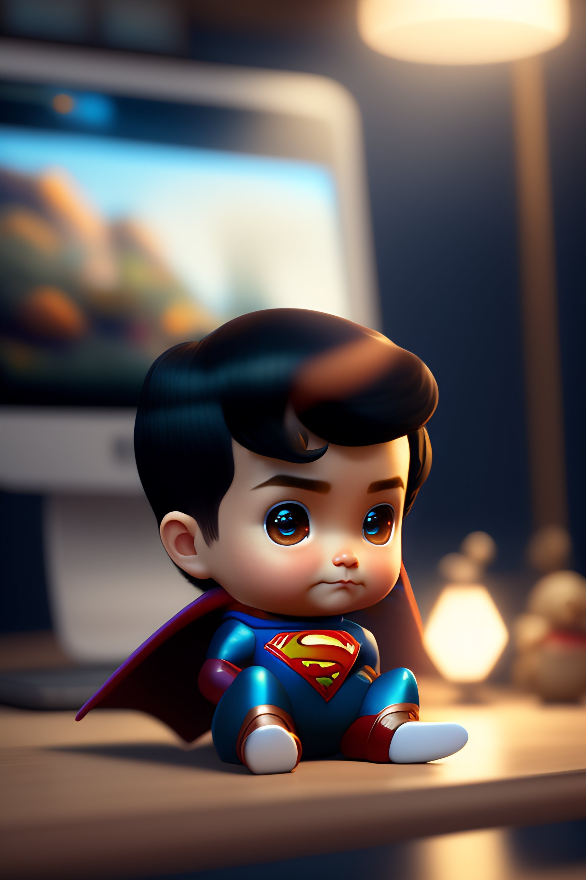 Lexica - Cute small humanoid superman sitting in front of laptop ...