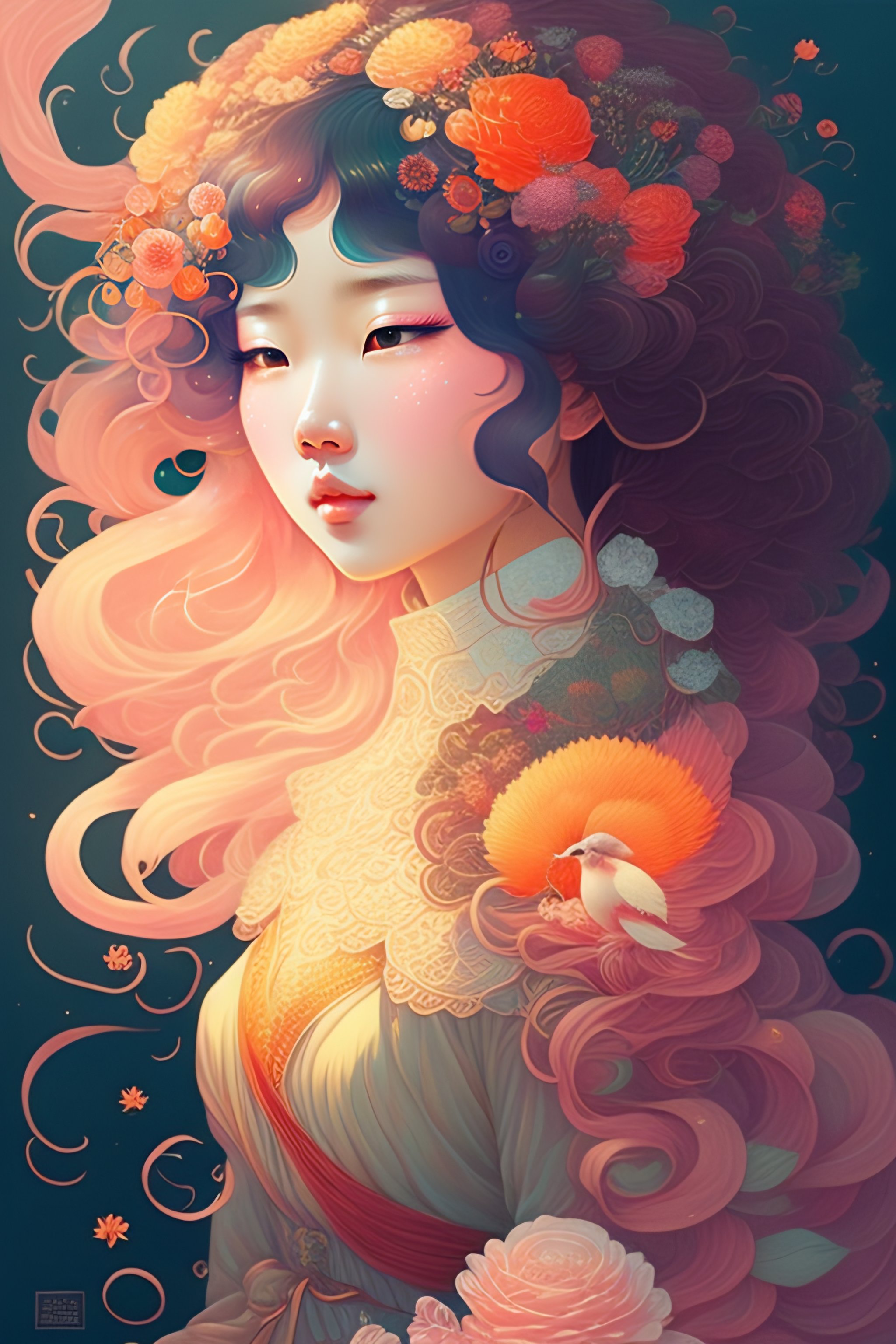 Lexica - Beautiful cute front portrait korean ninfa, big long curly ...