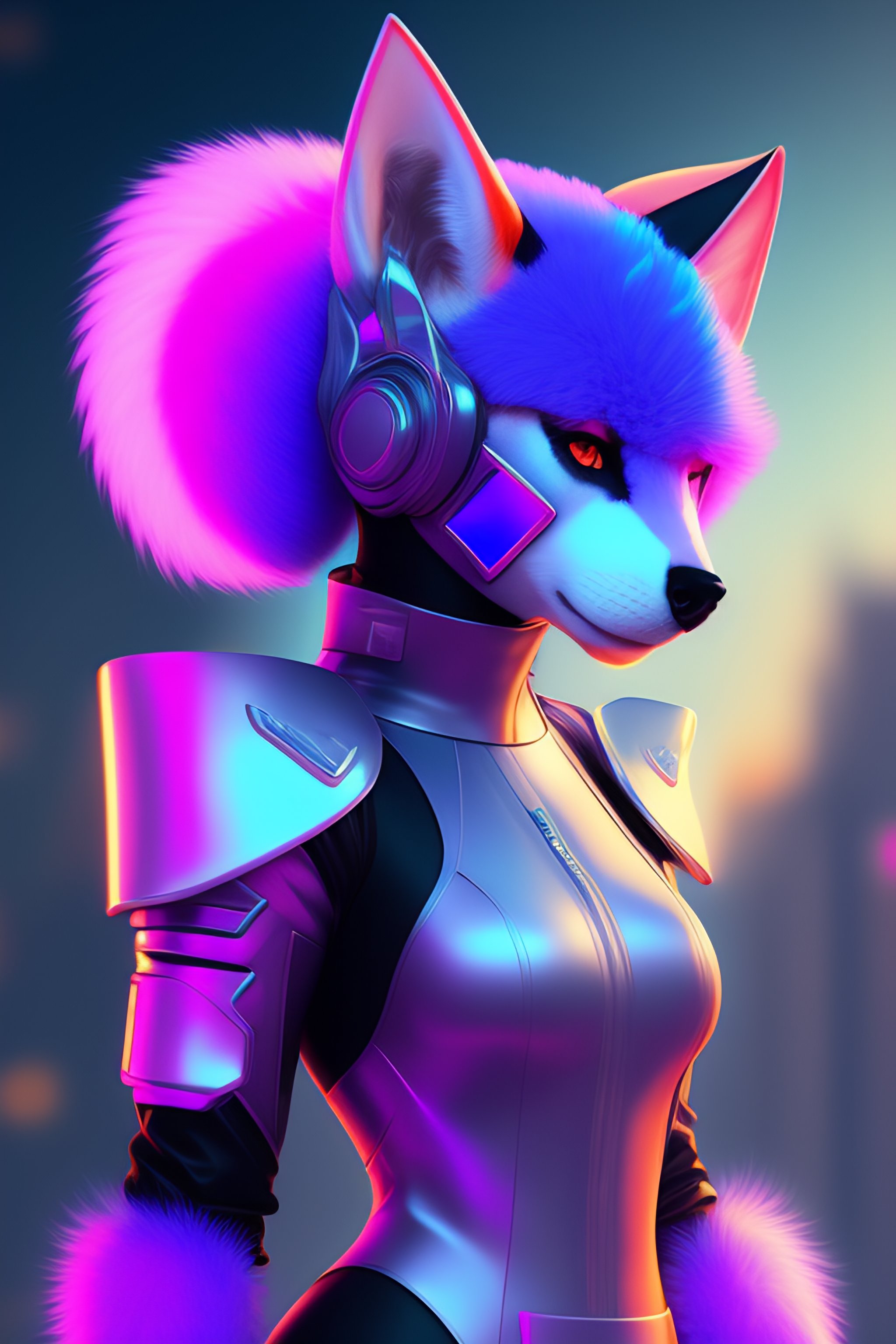Lexica - Protogen fursona, cyber face, ultra fluffy tail, synthwave colours