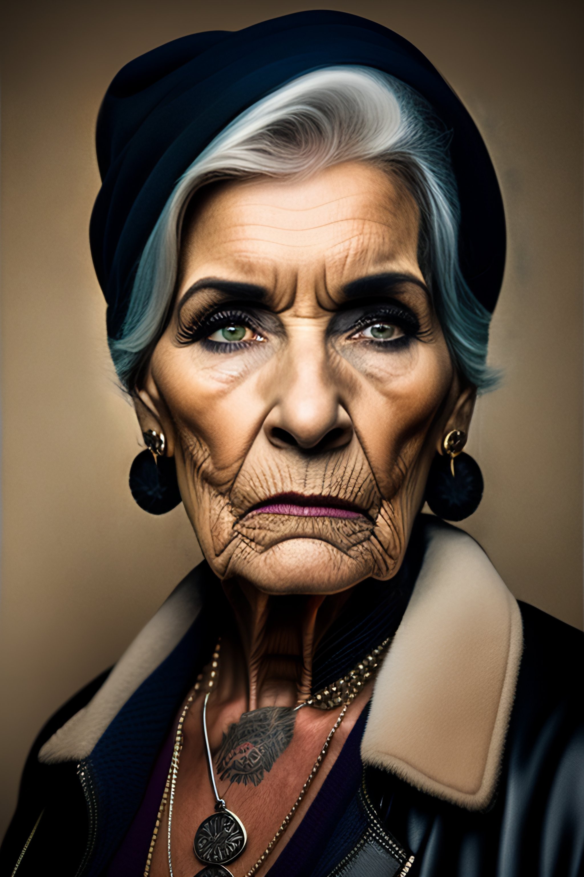 Lexica - Portrait of a grumpy mean scowl old woman biker tattoos very ...