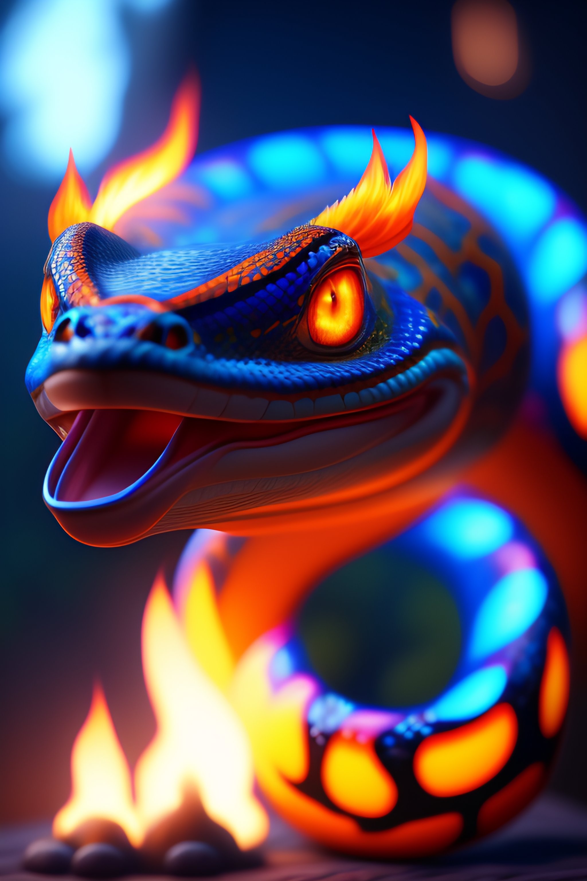 Lexica - Flaming Giant Snake with blue flames at tropical forest by ...