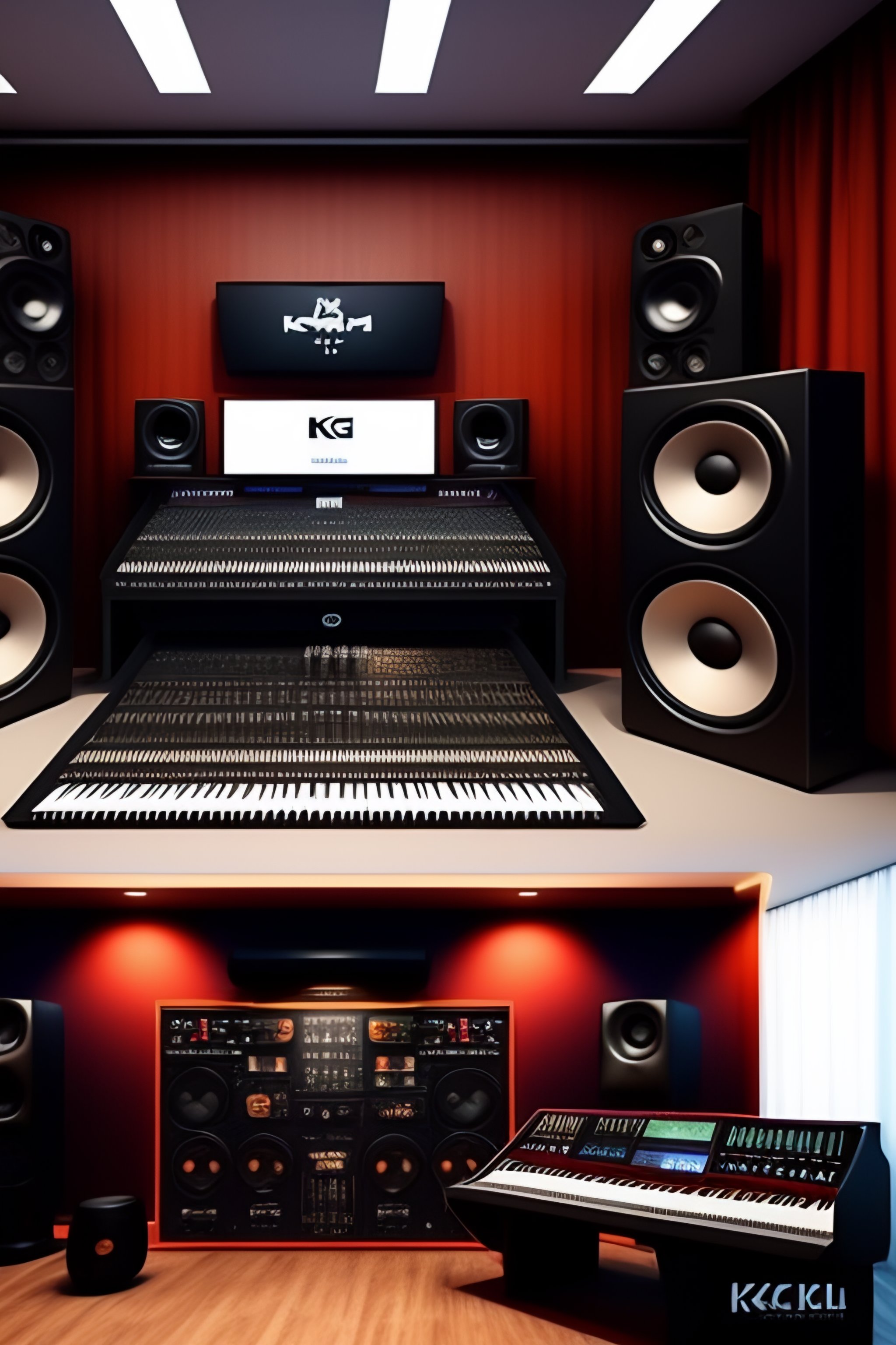 Lexica - Hip-hop music producer studio in 2030 with KMG on the wall