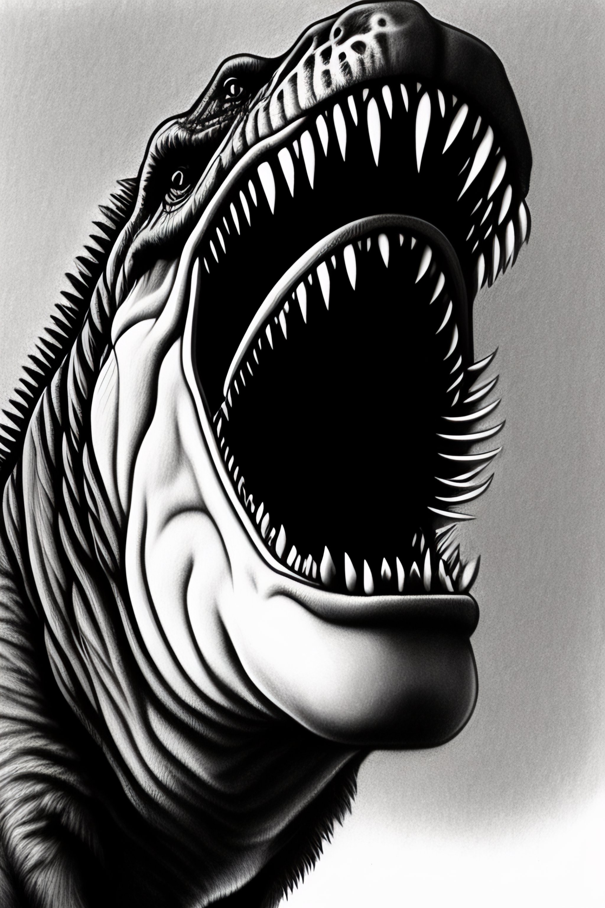 Lexica - Close up head of a Trex screaming, monochrome, manga ...