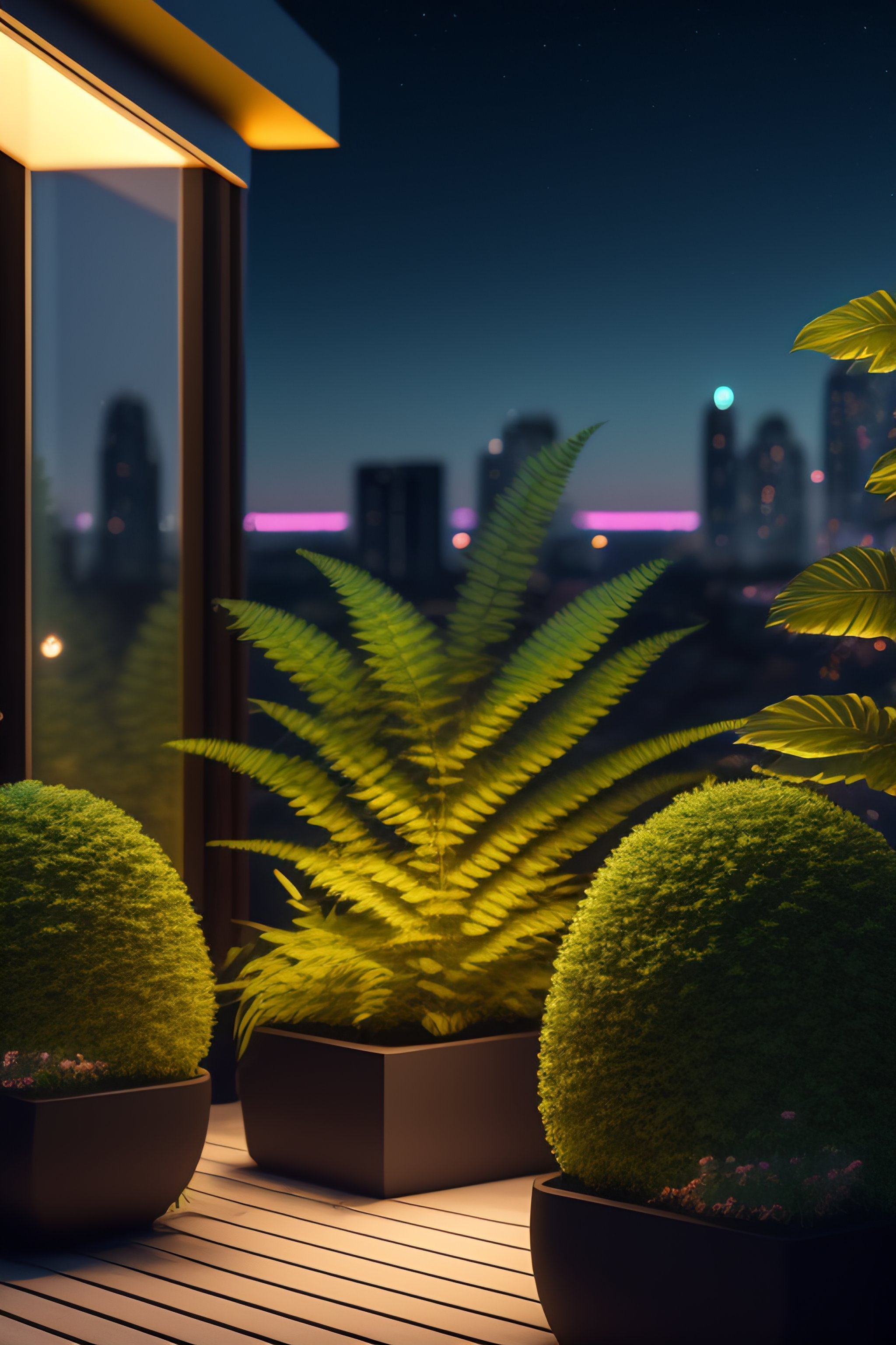Lexica - A realistic 3d render of a rooftop garden at night, stunning ...