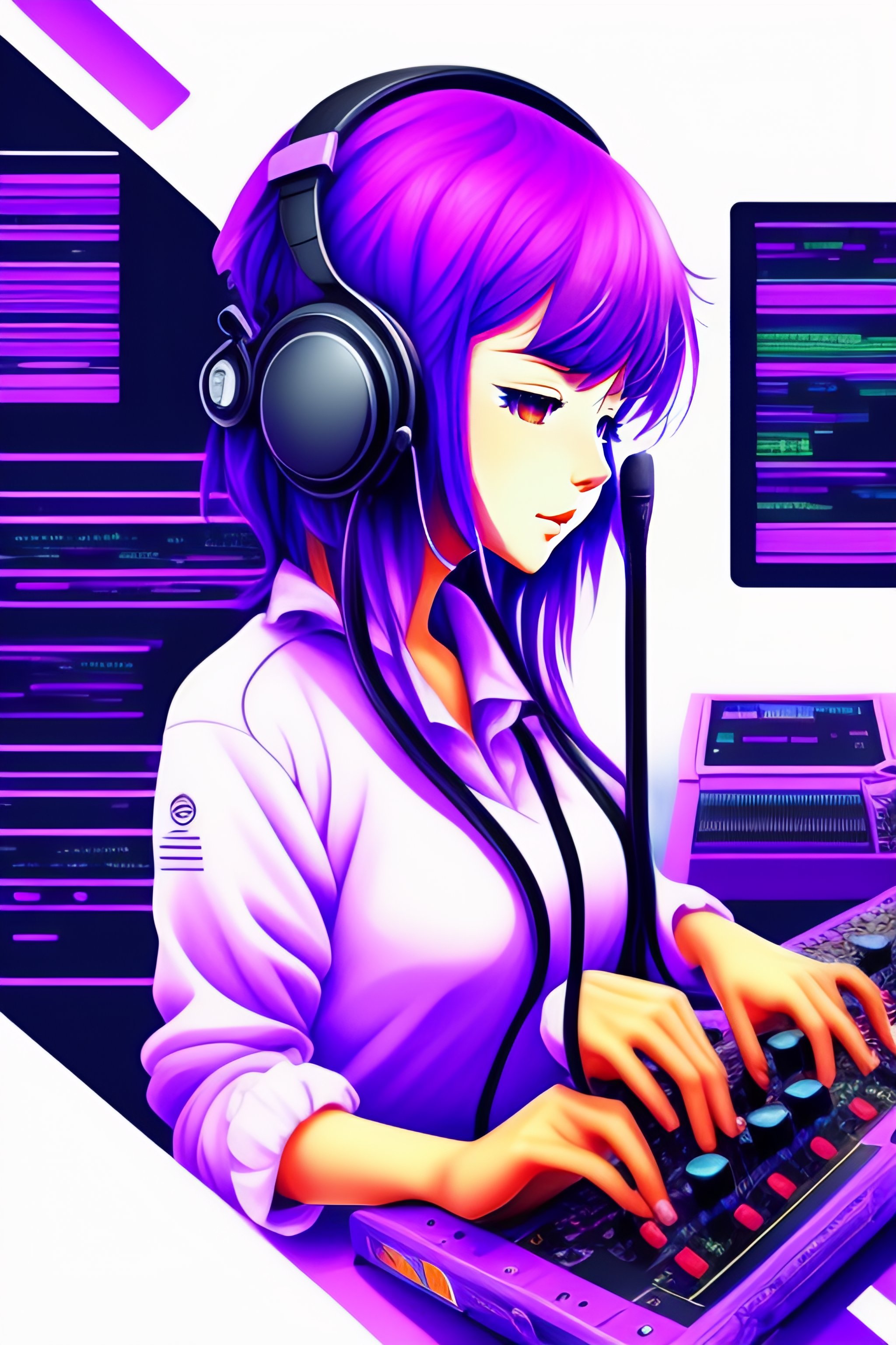 Lexica - Anime girl with purple hair, programming a modular synthesizer ...