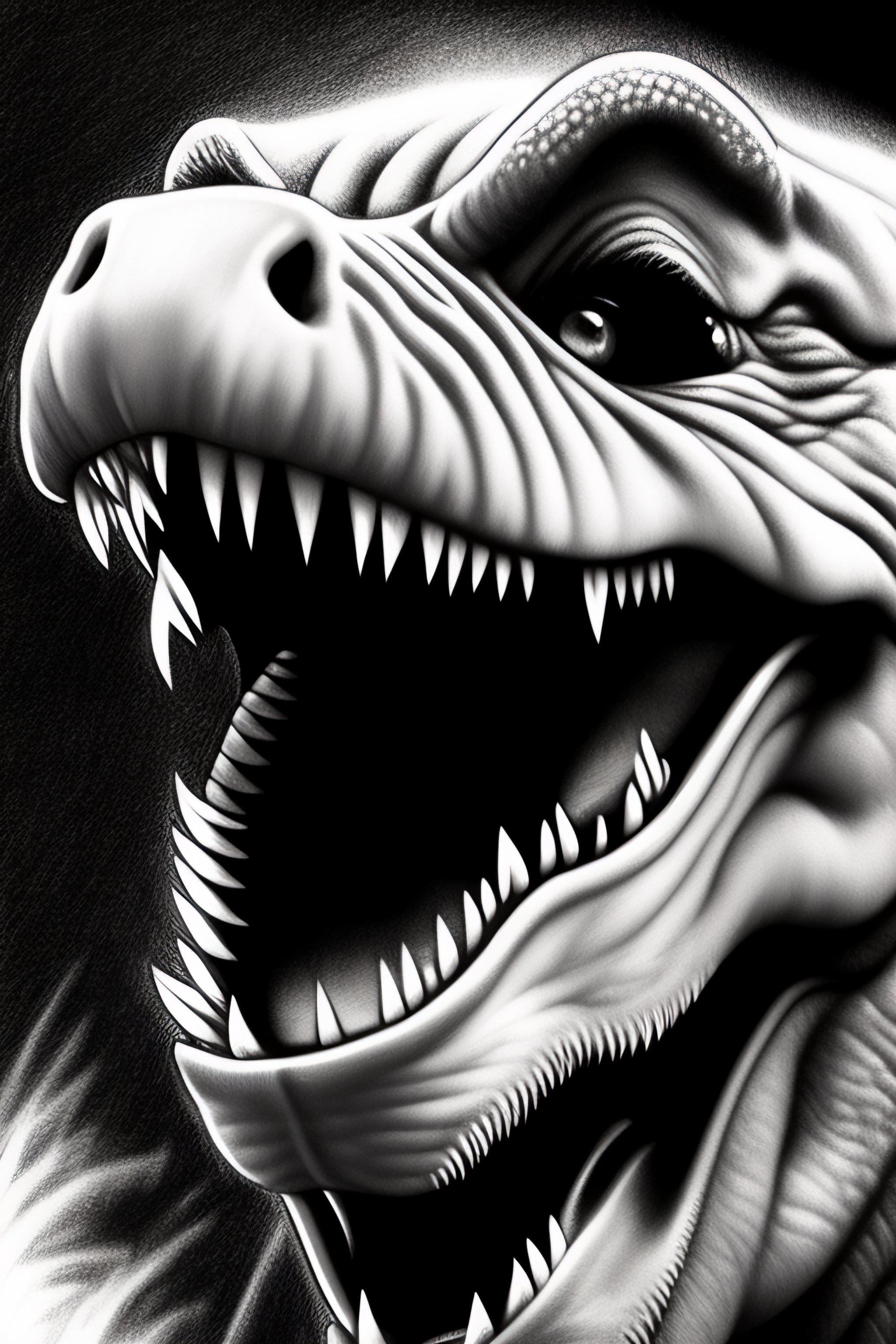 Lexica - Close up head of a Trex screaming, monochrome, manga ...