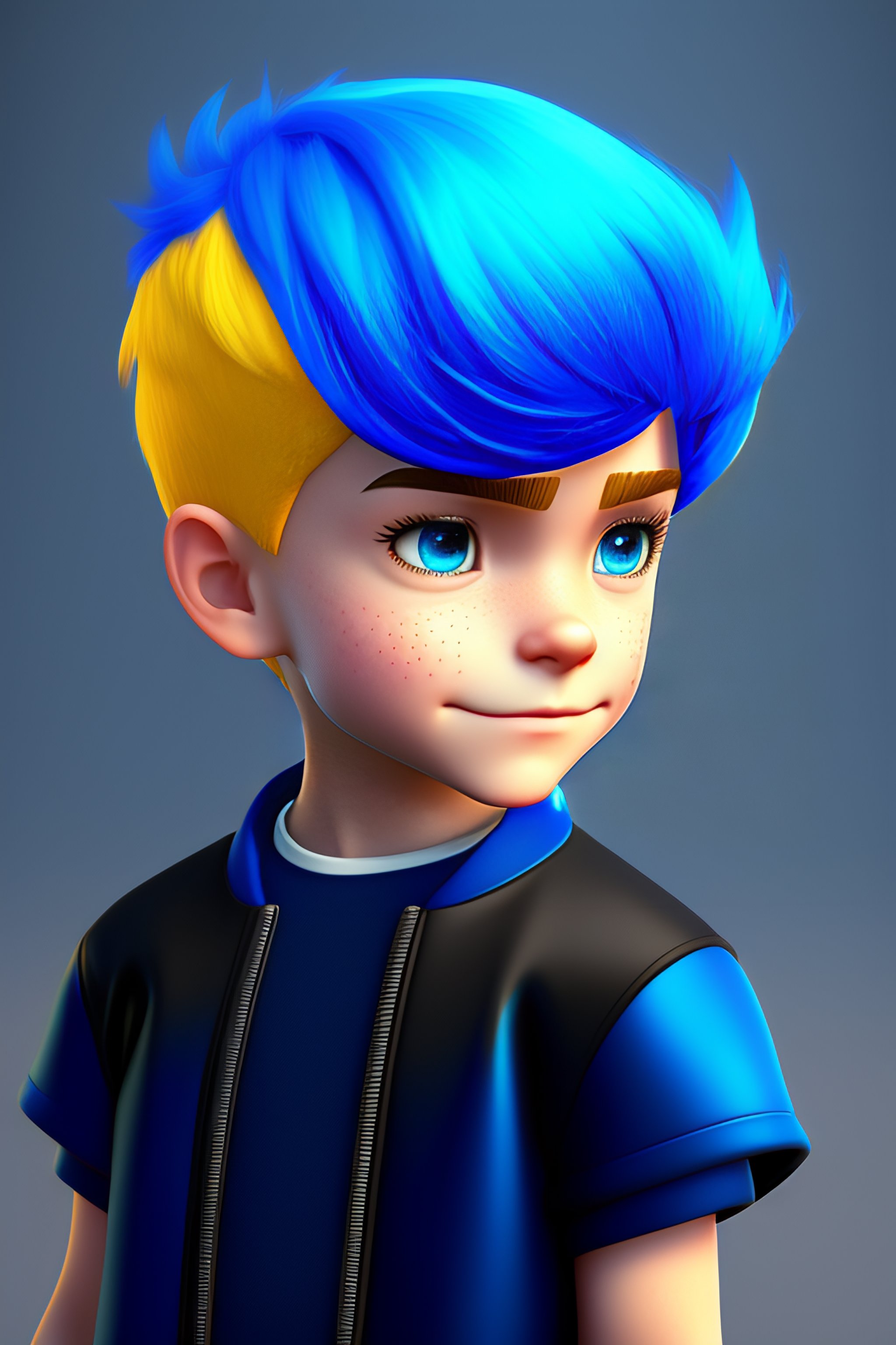 Lexica - Blue hair boy in black zipper top, pixar style, 3d style ...