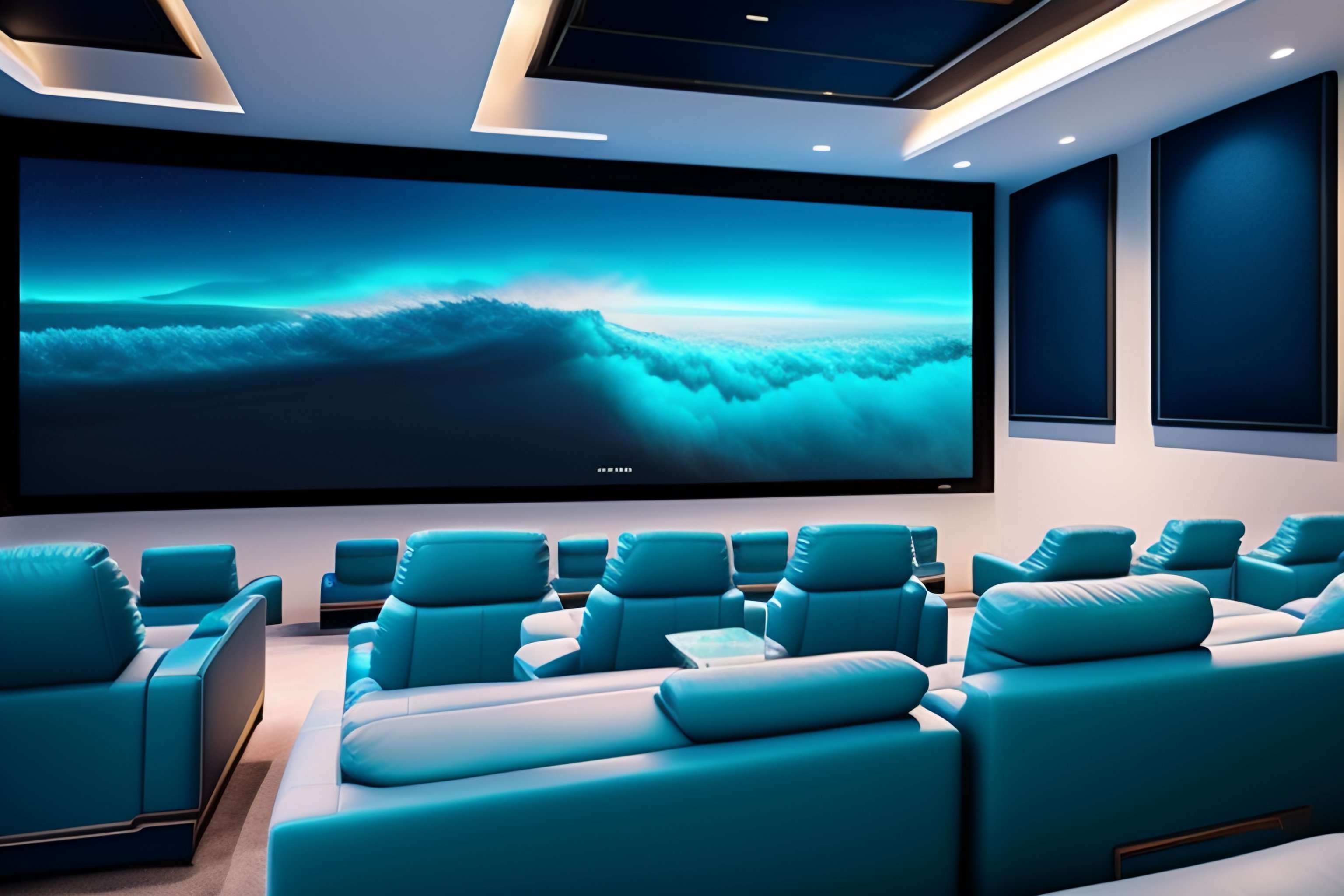 Lexica - Futuristic movie theater screen, sky blue leather seats ...