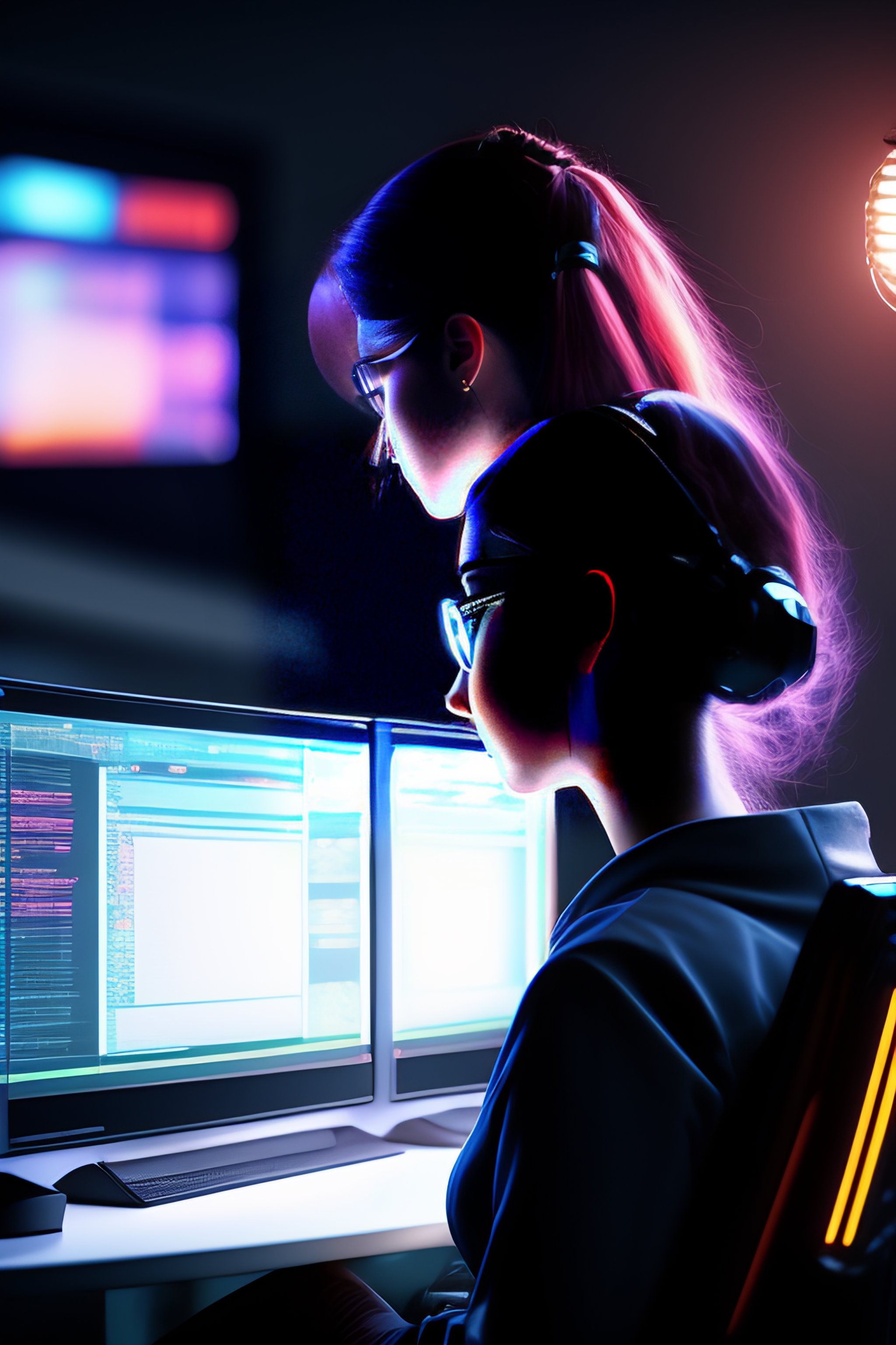 Lexica - A nerdy girl is programming at a computer in a room full of ...