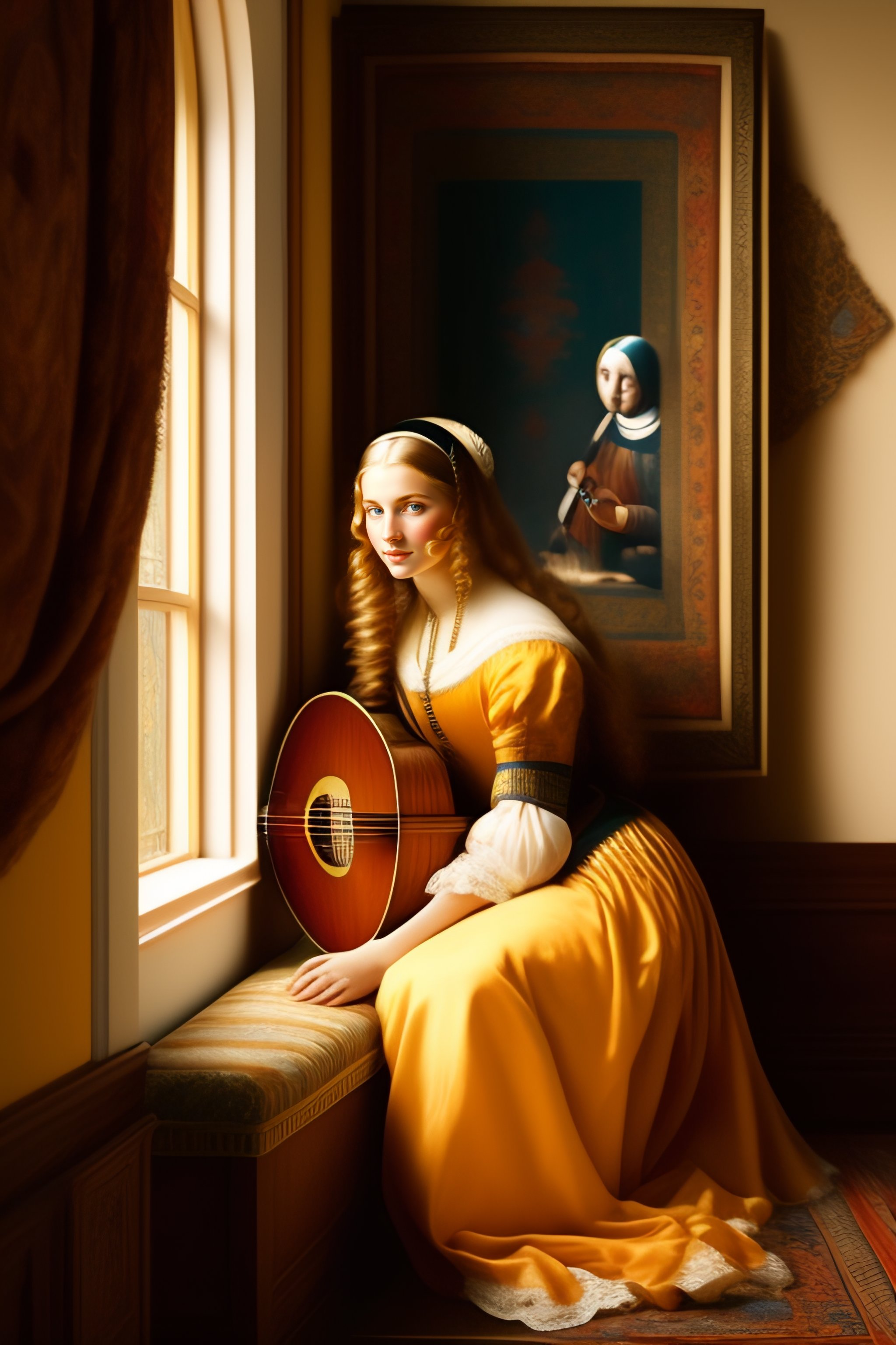 Lexica - Young lady playing lute, blond hair, window on her right ...