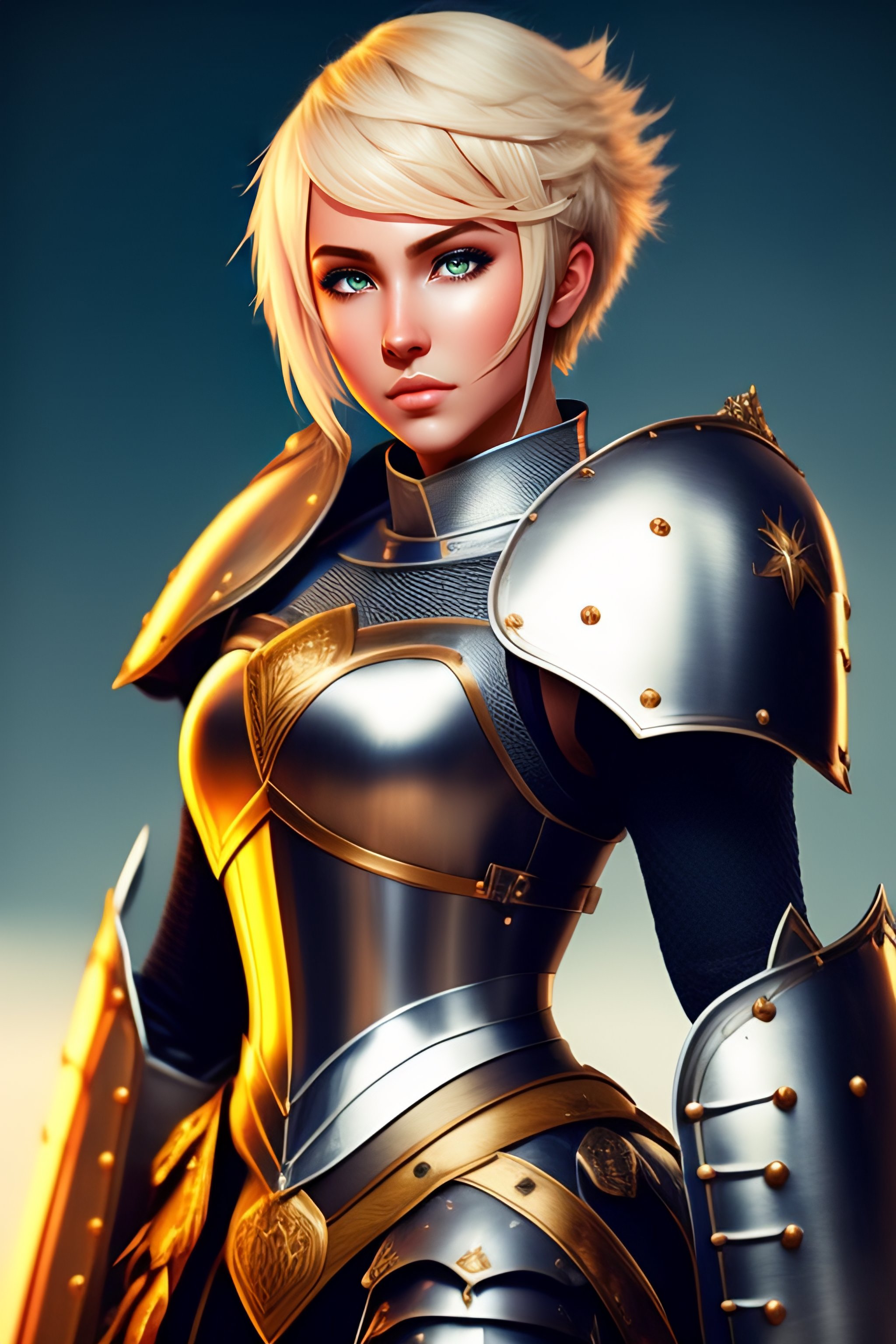 Lexica - Magical knight, plate armor, blonde short hair, scowl, solo ...