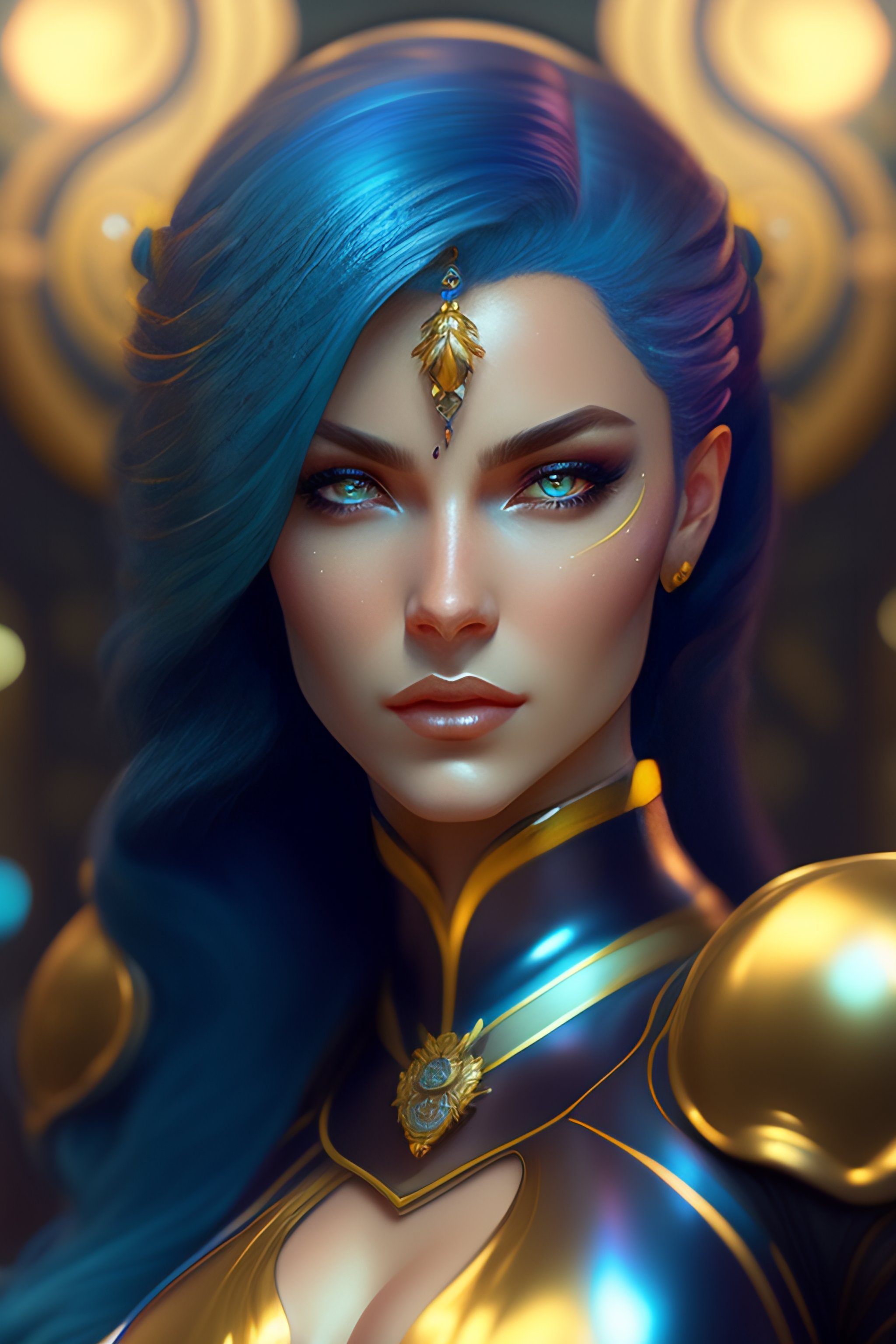 Lexica - Mechanical female android with blue hair in a yellow suit ...