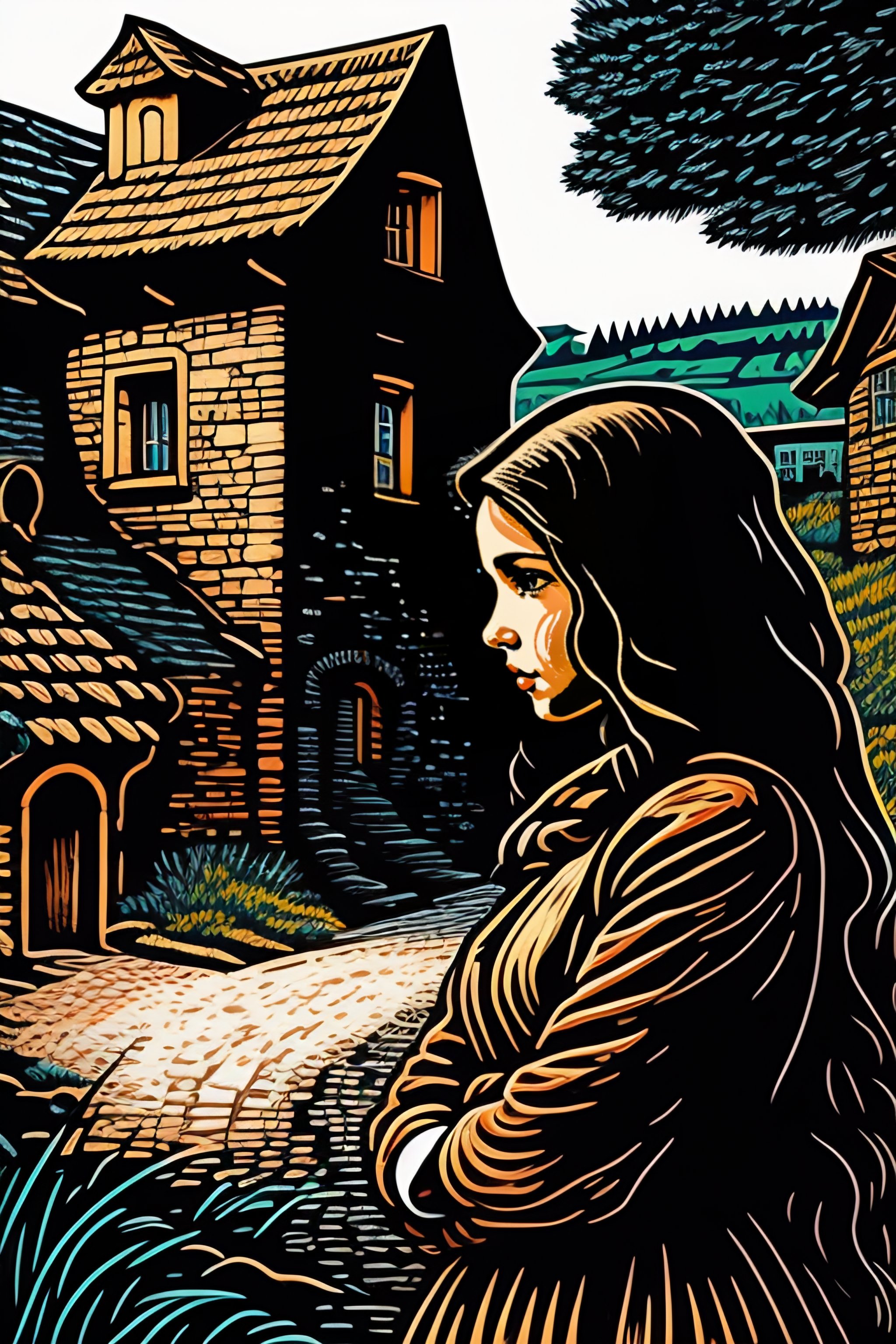 Lexica - Linocut, girl, medieval village