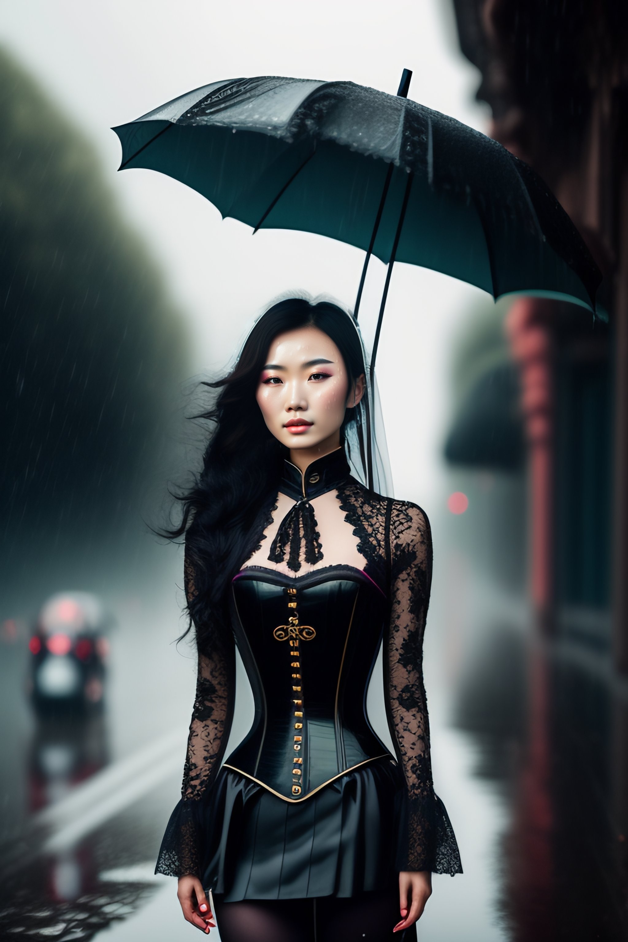 Lexica - Chinese girl with gothic corset meditating in rain