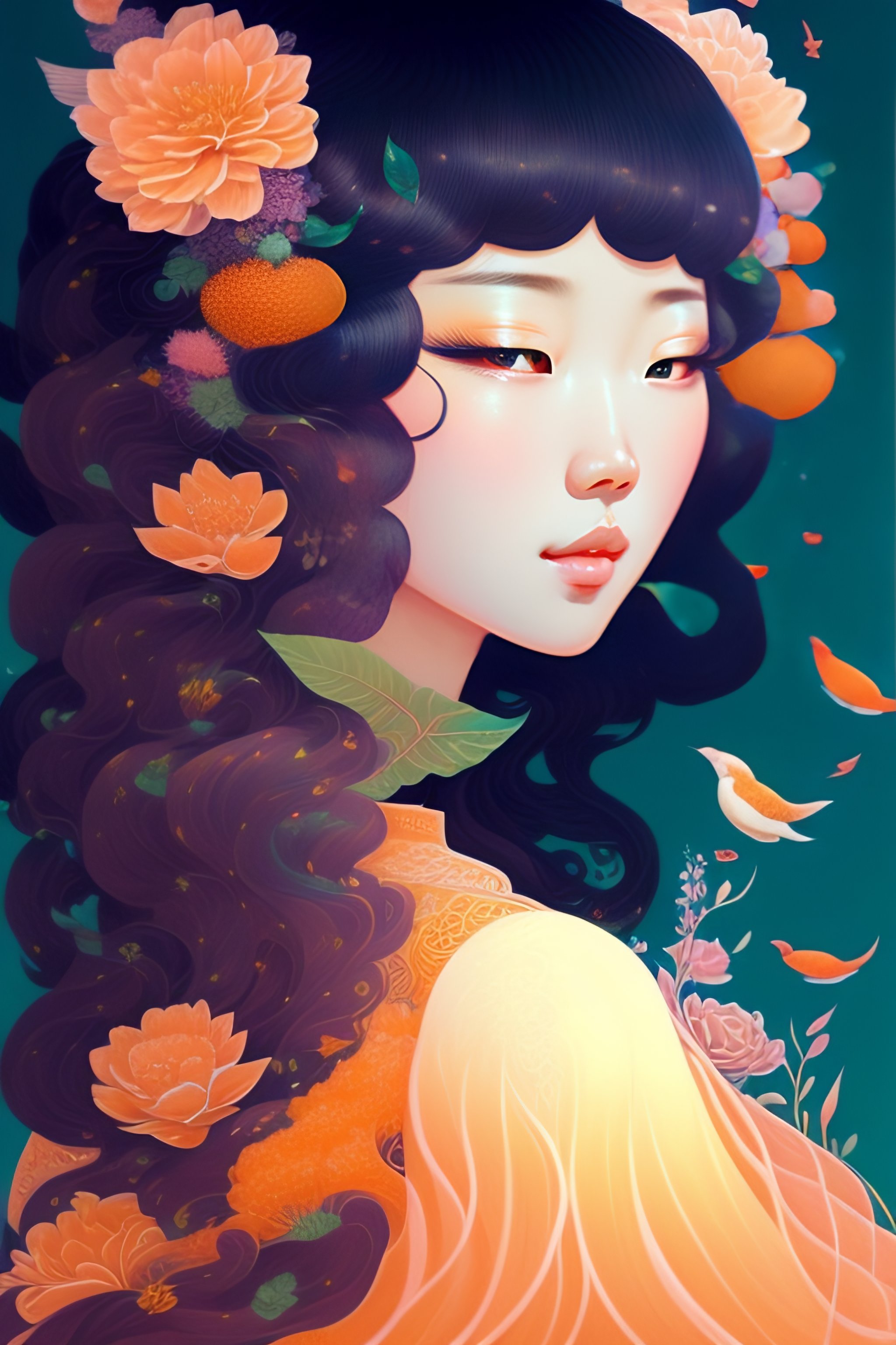 Lexica - Beautiful cute front portrait Korean ninfa, big long curly ...