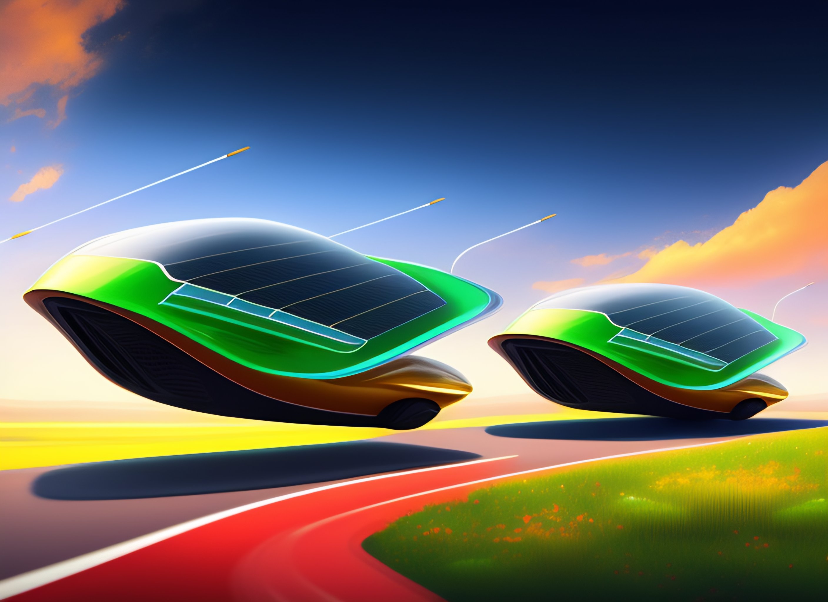 Lexica - Three differently colored solarpunk hovercars at different ...