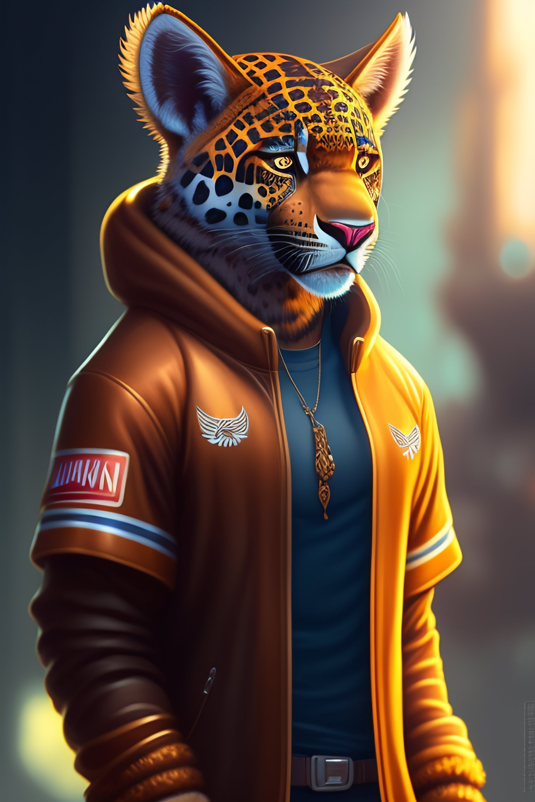 Lexica - Anthro furry humanoid jaguar, baggy t-shirt, checking watch ...