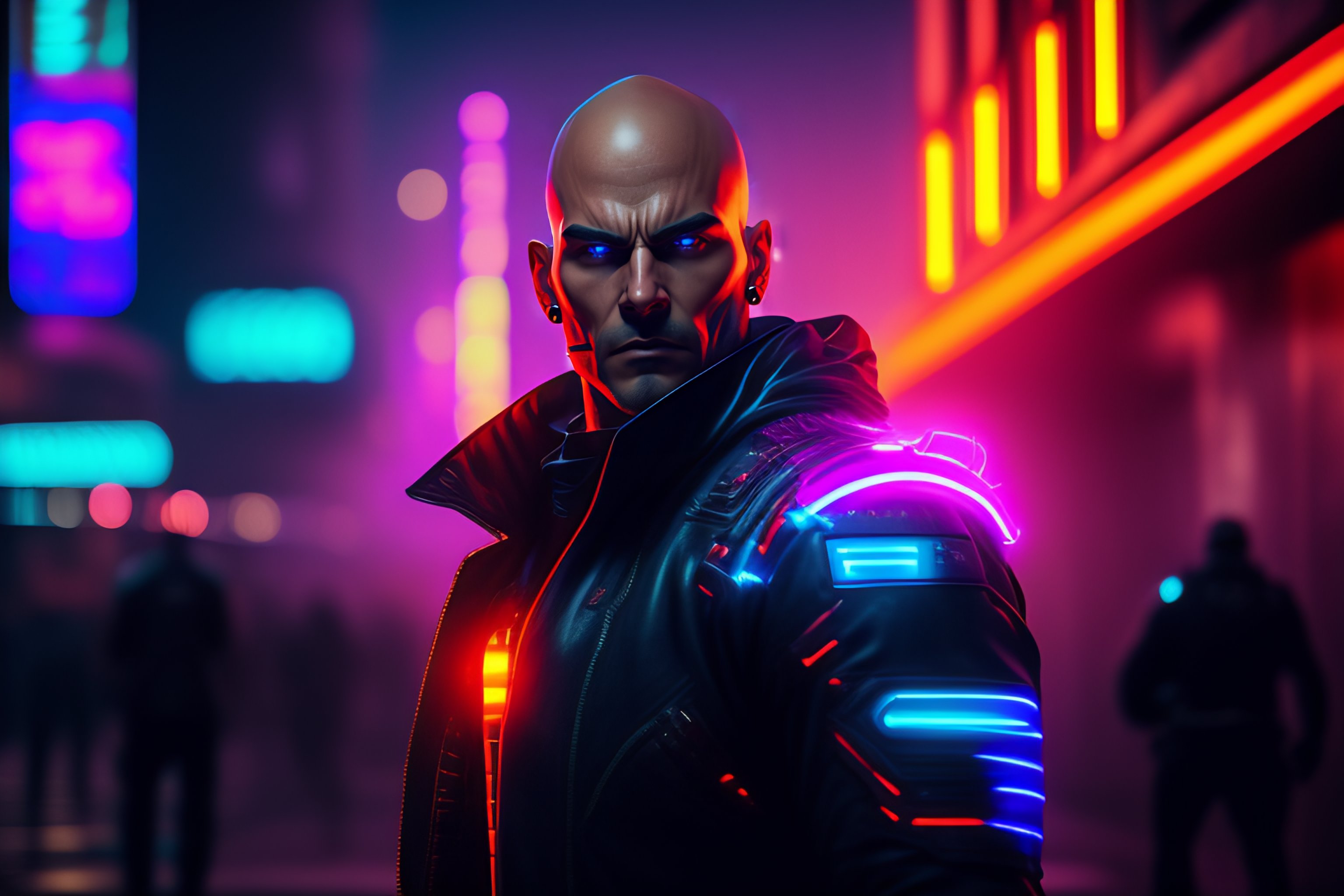 Lexica - Action shot of a bald cyberpunk man with cybernetic arms, neon ...
