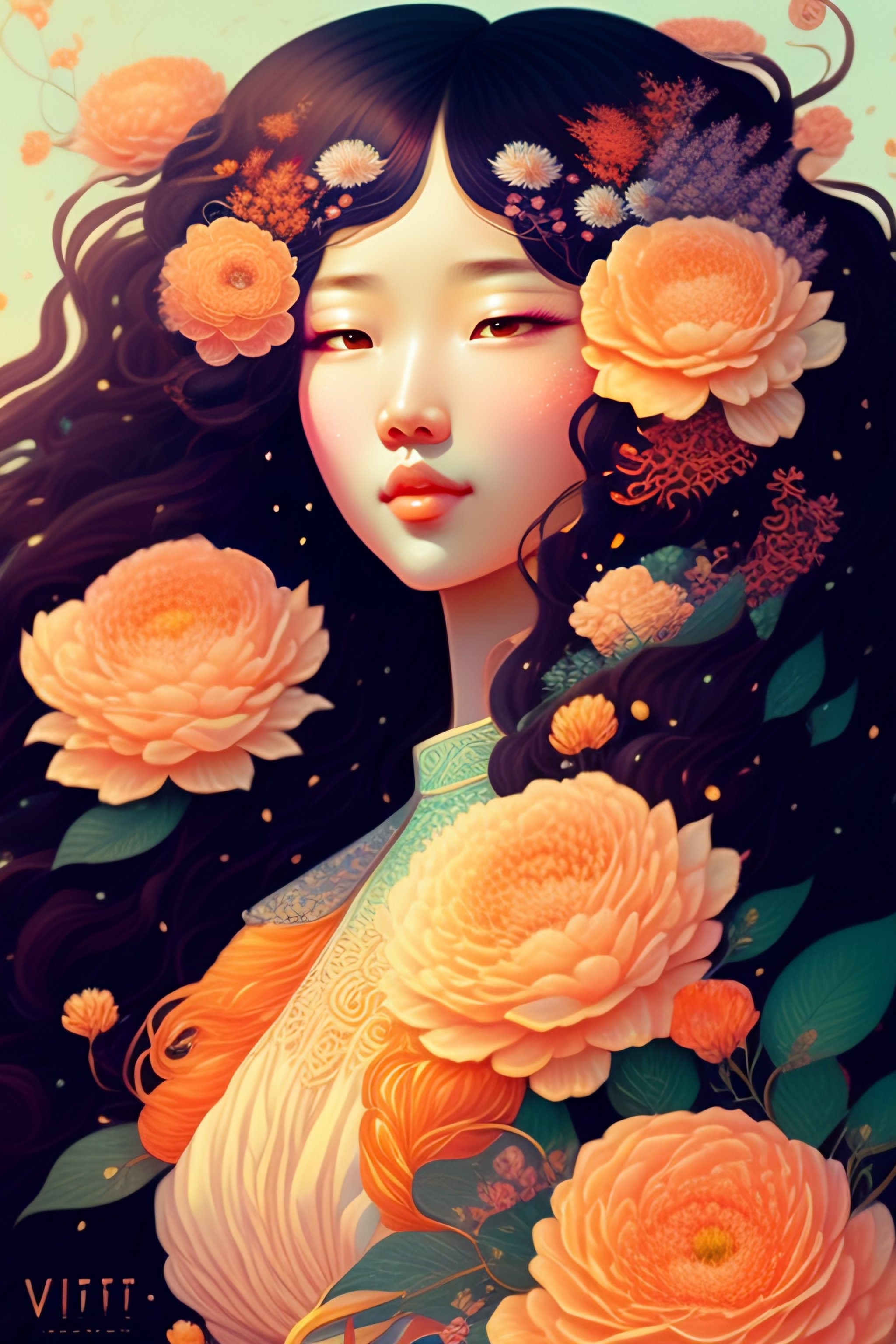 Lexica - Beautiful cute front portrait Korean ninfa, big long curly ...