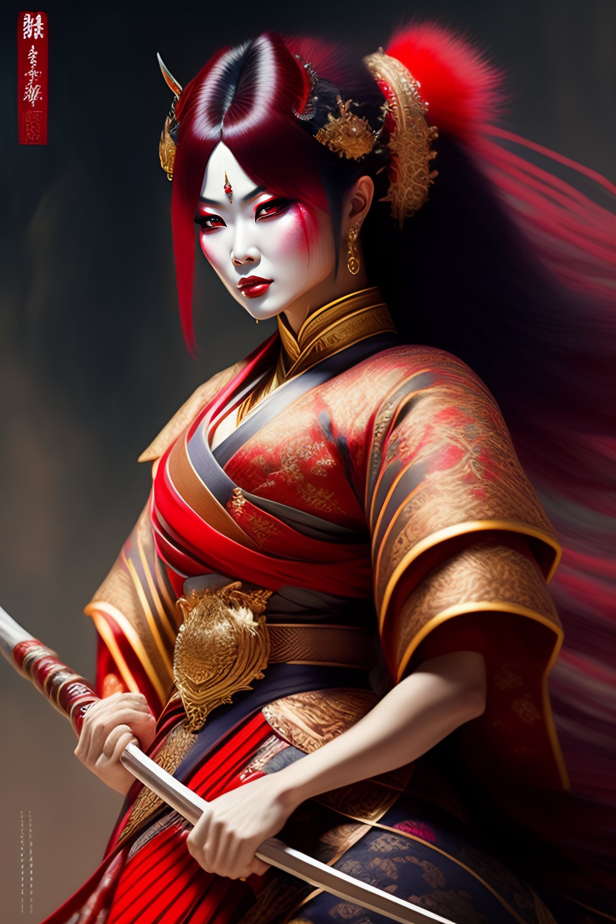 Lexica - An epic portrait of insane kabuki wielding a spear, magical ...