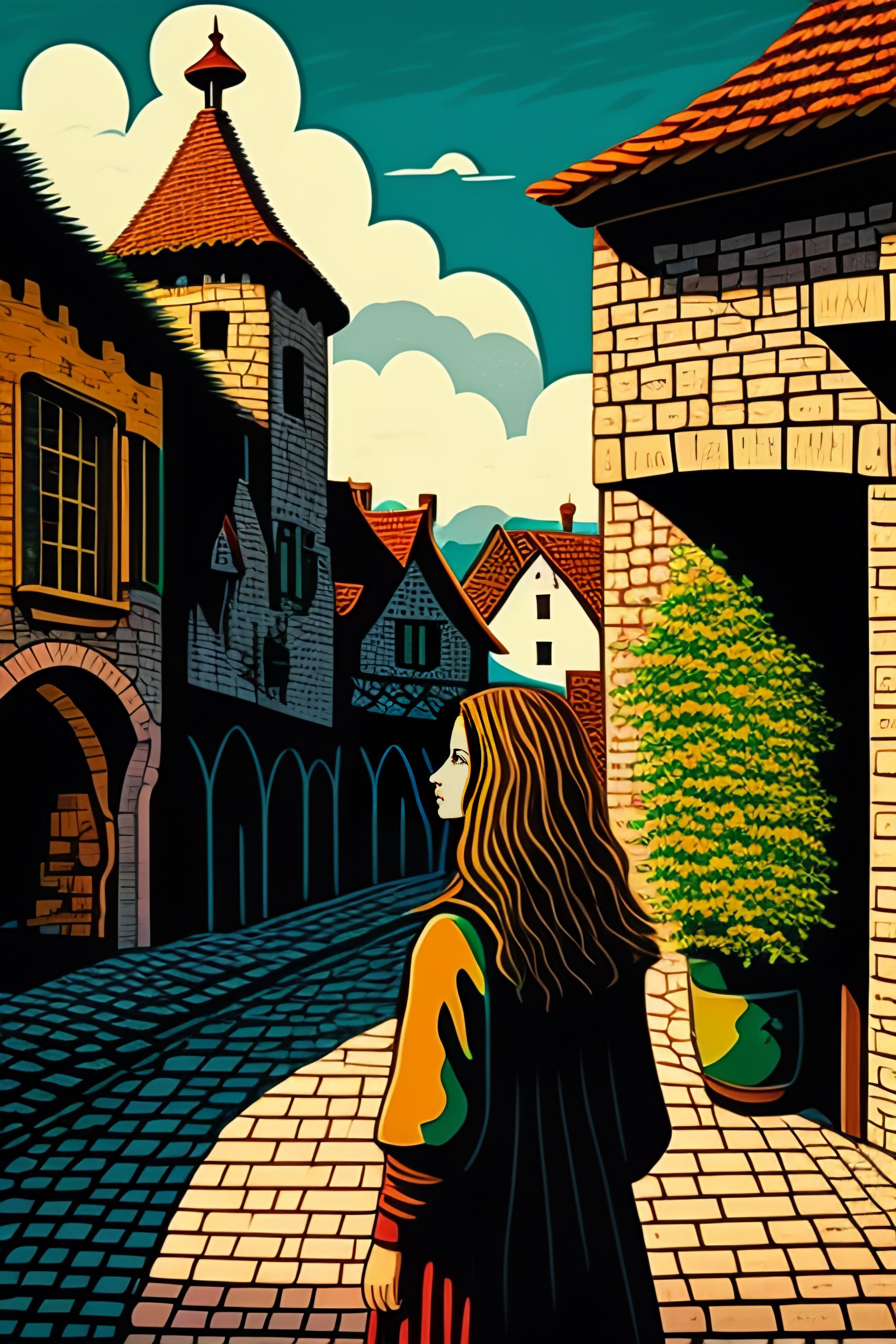 Lexica - Linocut, girl, medieval village