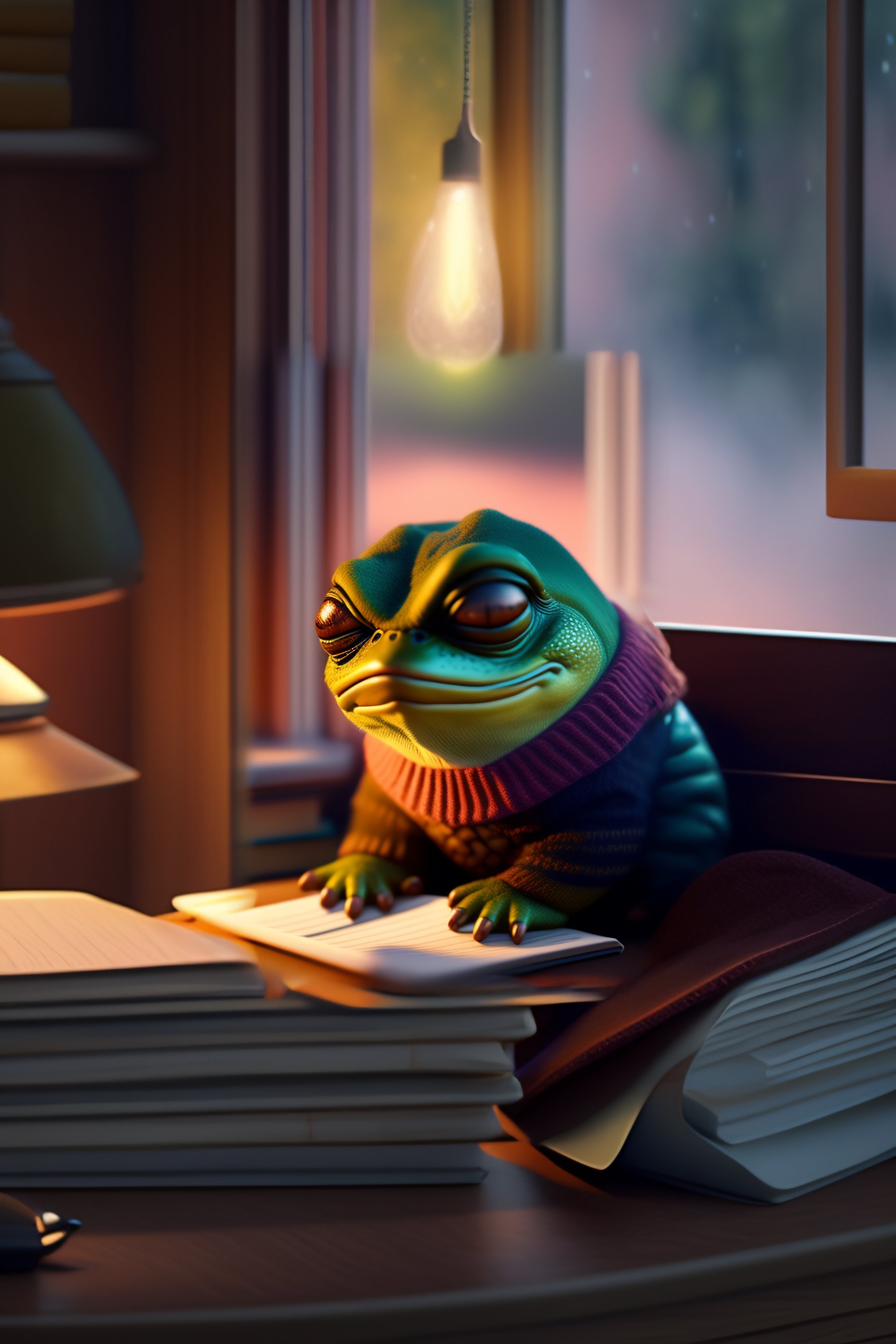 Lexica - An exhausted pepe the frog commiting tax fraud, paperwork ...