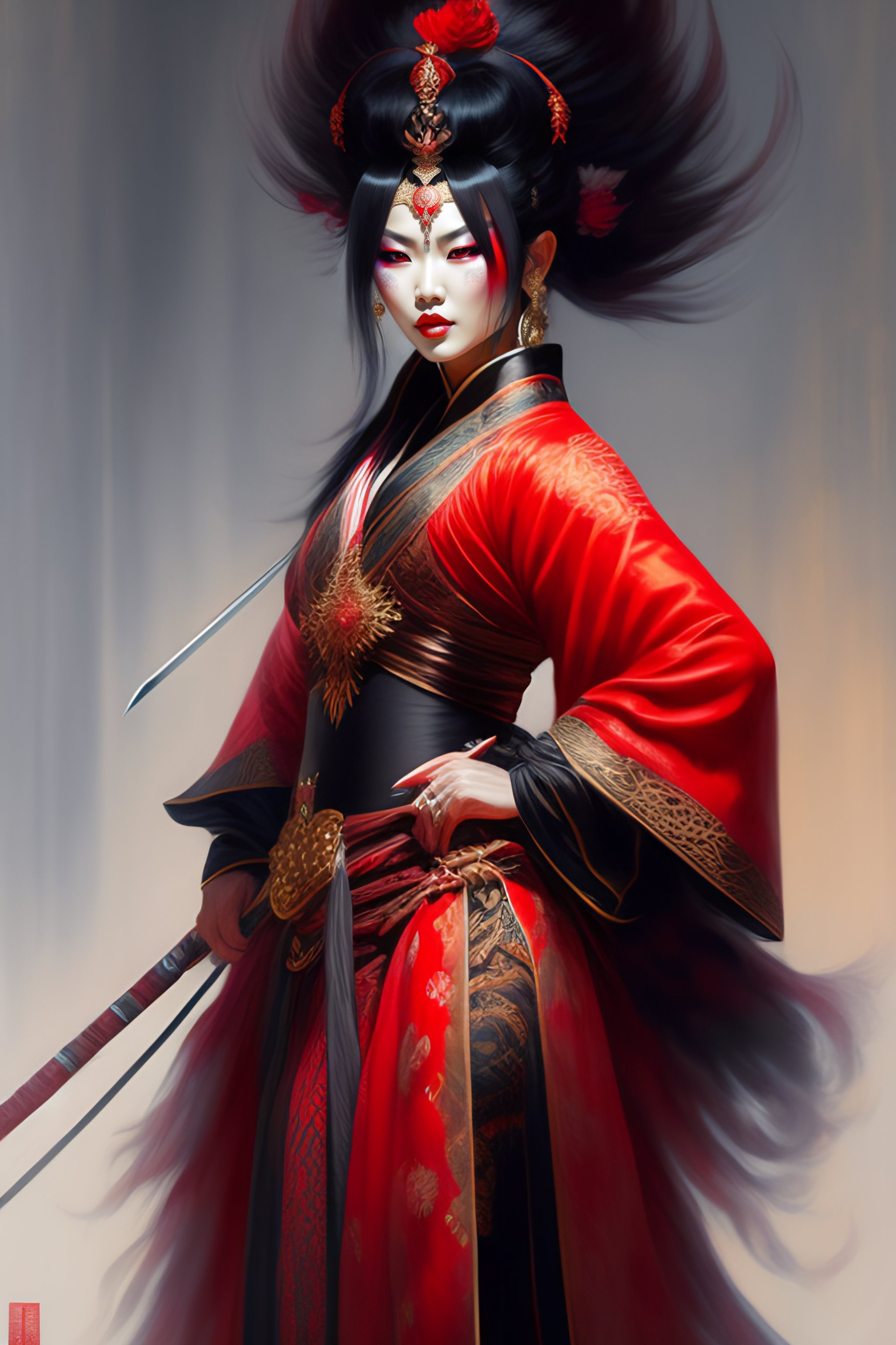 Lexica - An epic portrait of insane kabuki wielding a spear, magical ...