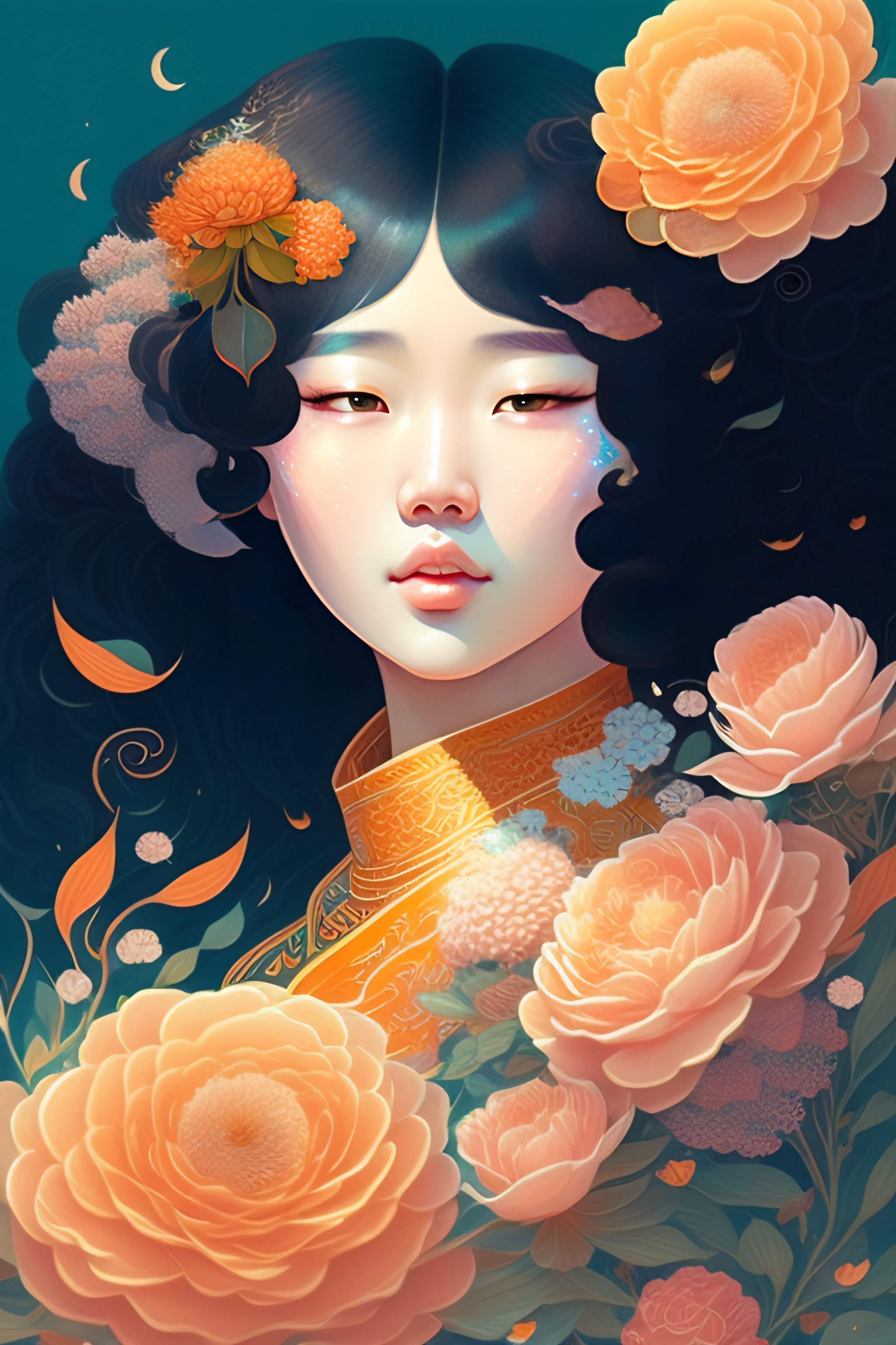 Lexica - Beautiful cute front portrait Korean ninfa, big long curly ...