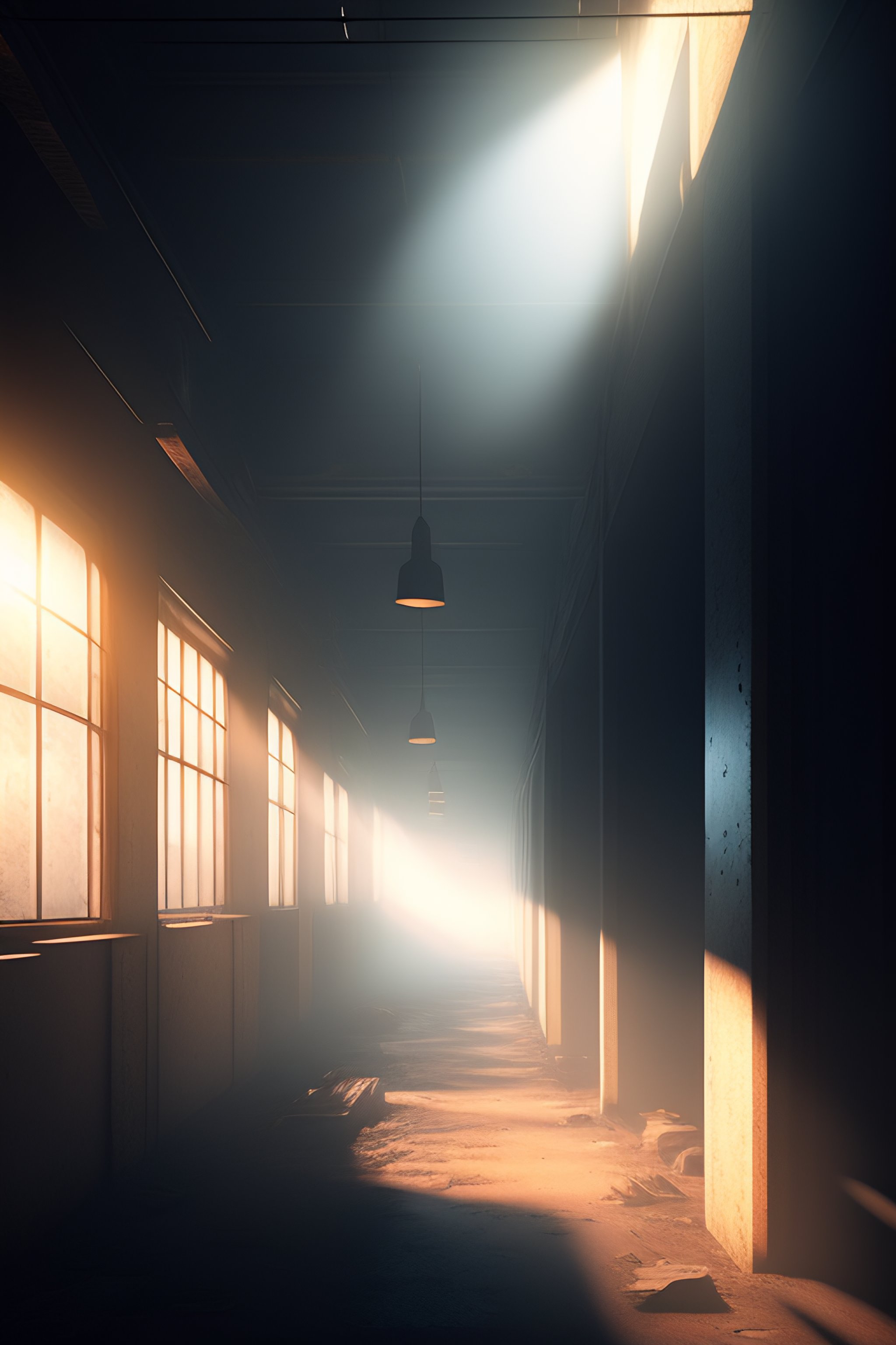 Lexica - Abandoned, destroyed factory hallway, sun rays from the window ...