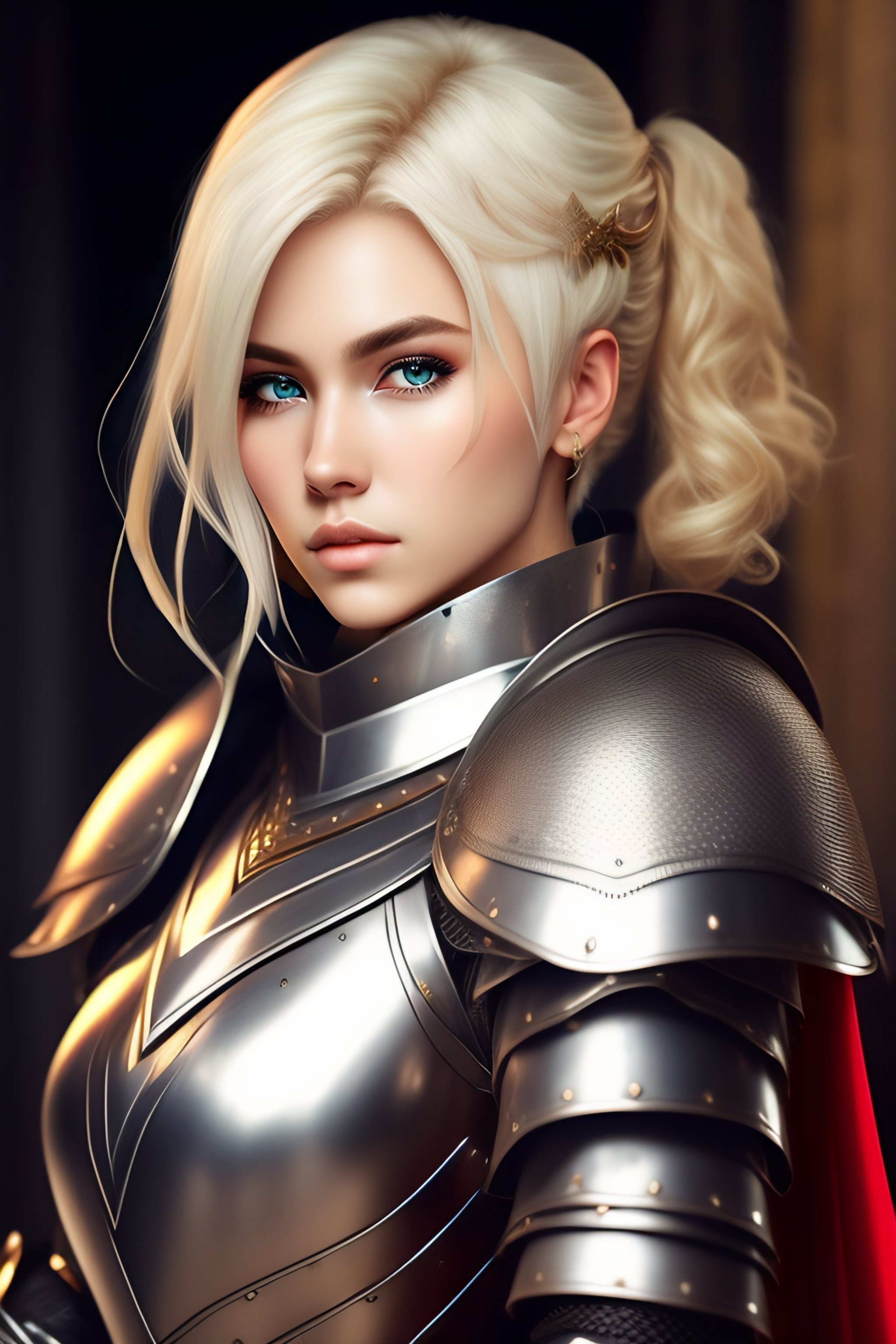 Lexica - Magical knight, plate armor, blonde short hair, scowl, solo ...