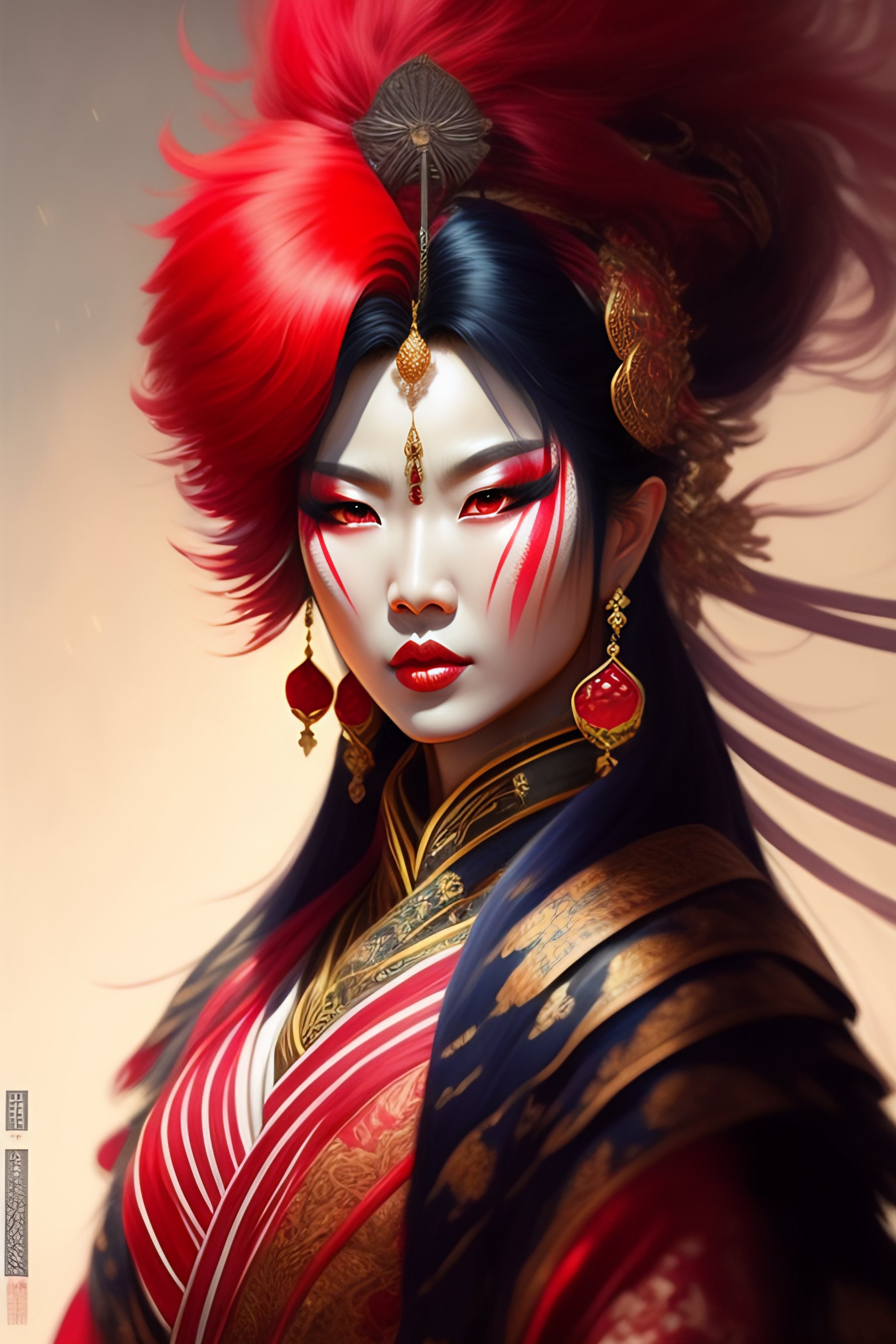 Lexica - An epic portrait of insane kabuki wielding a spear, magical ...