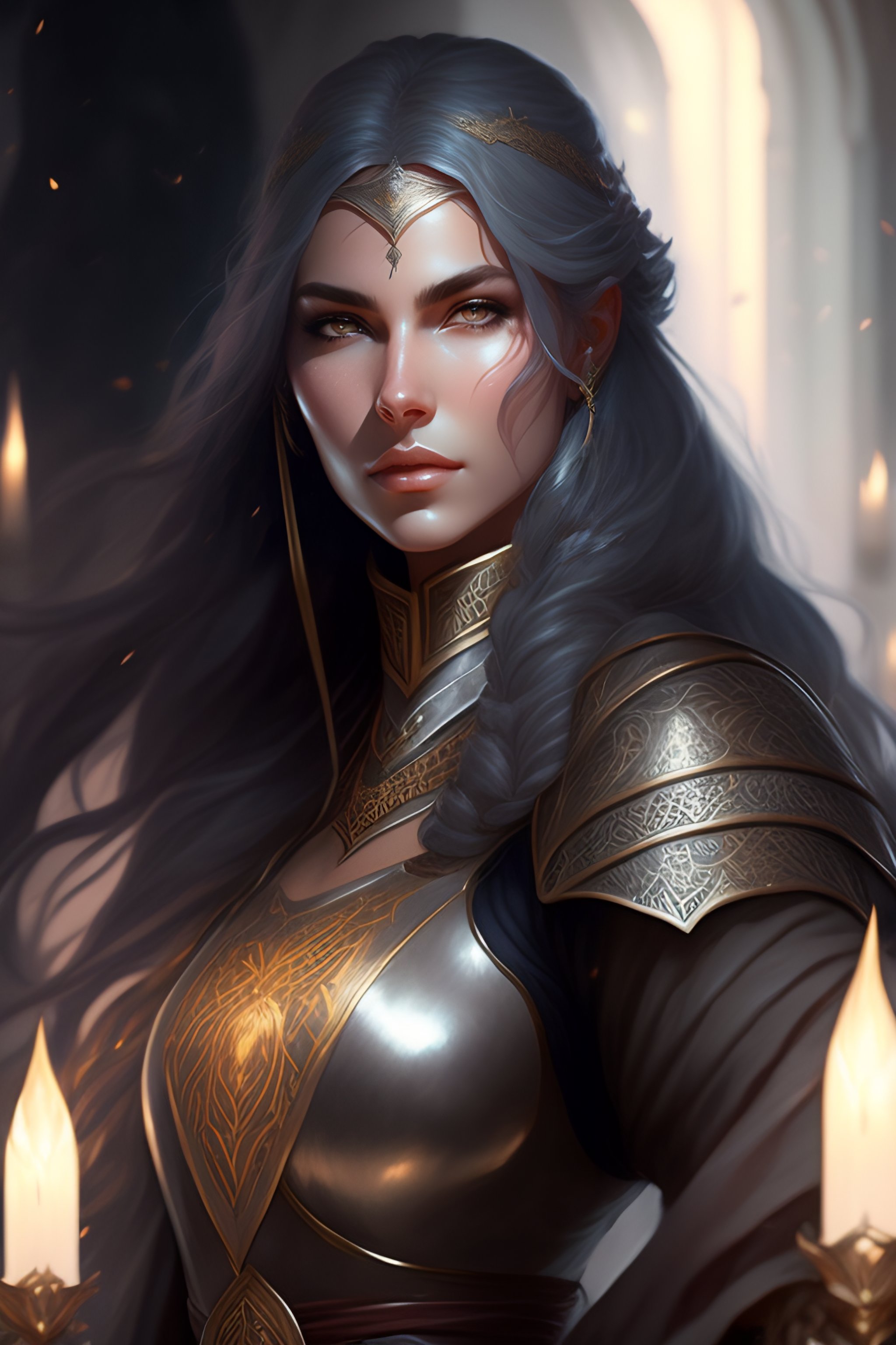 Lexica - Female cleric in center, dnd, fantasy, gray hair, holding ...