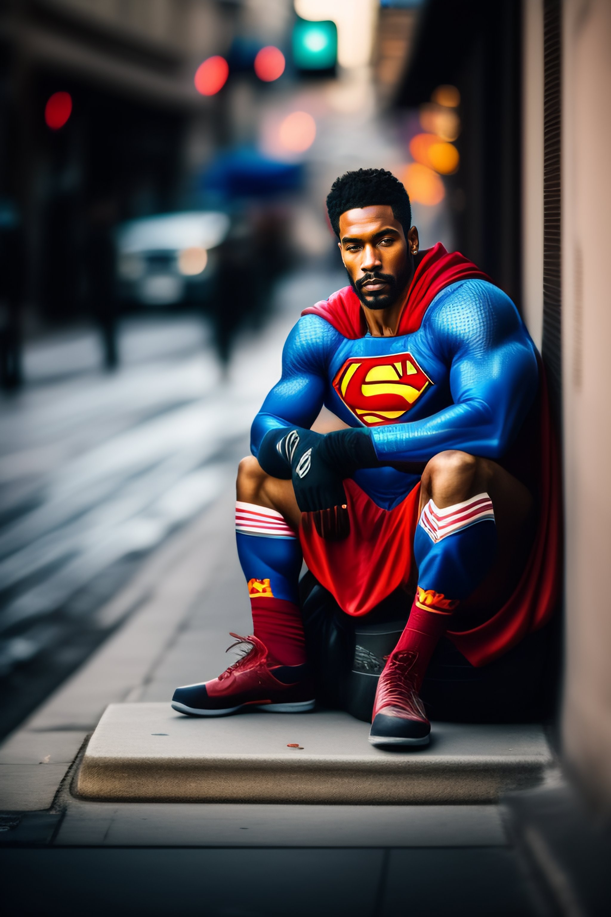 Lexica - Homeless person sitting on the street that looks like superman ...