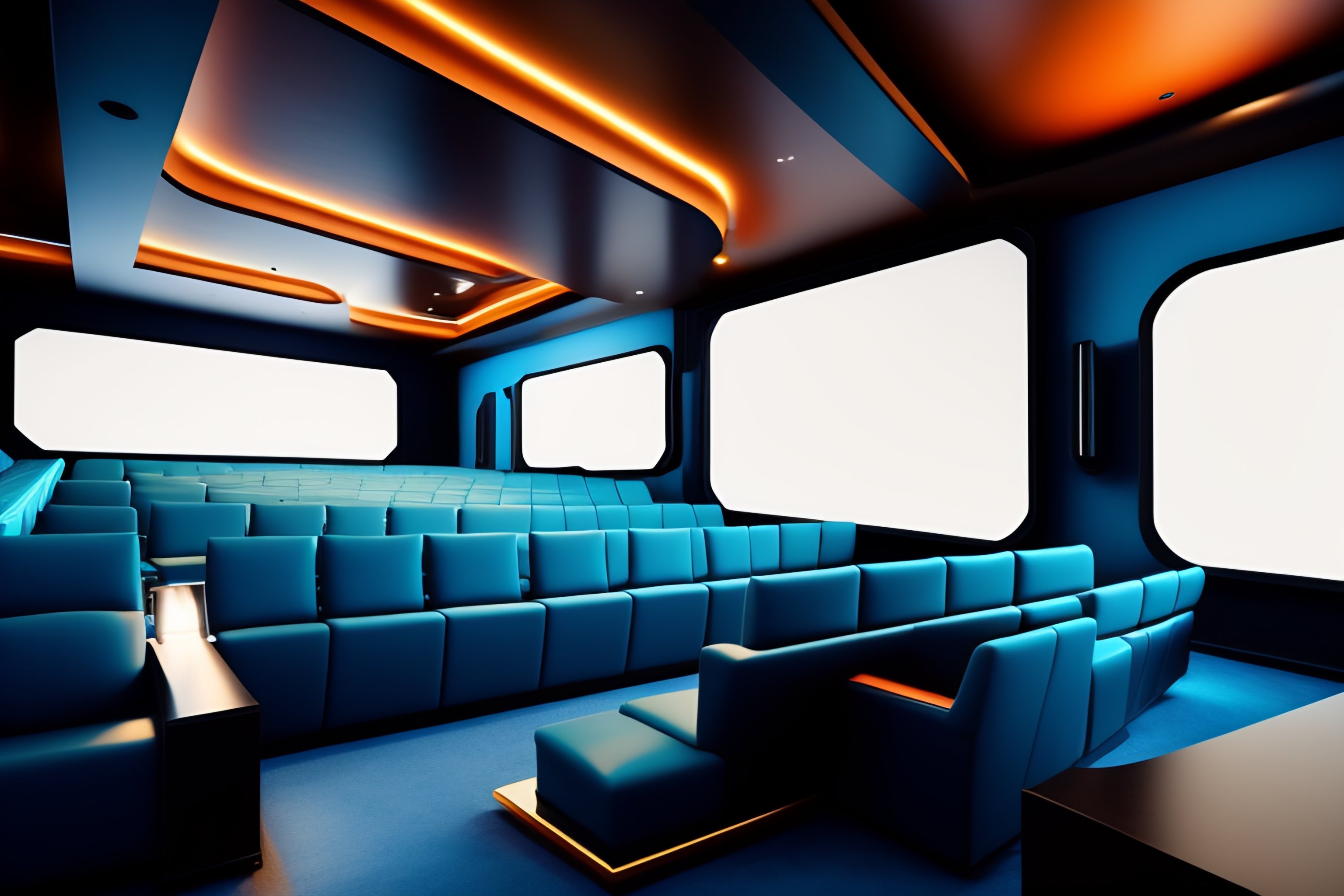 Lexica - Futuristic movie theater screen, sky blue leather seats ...