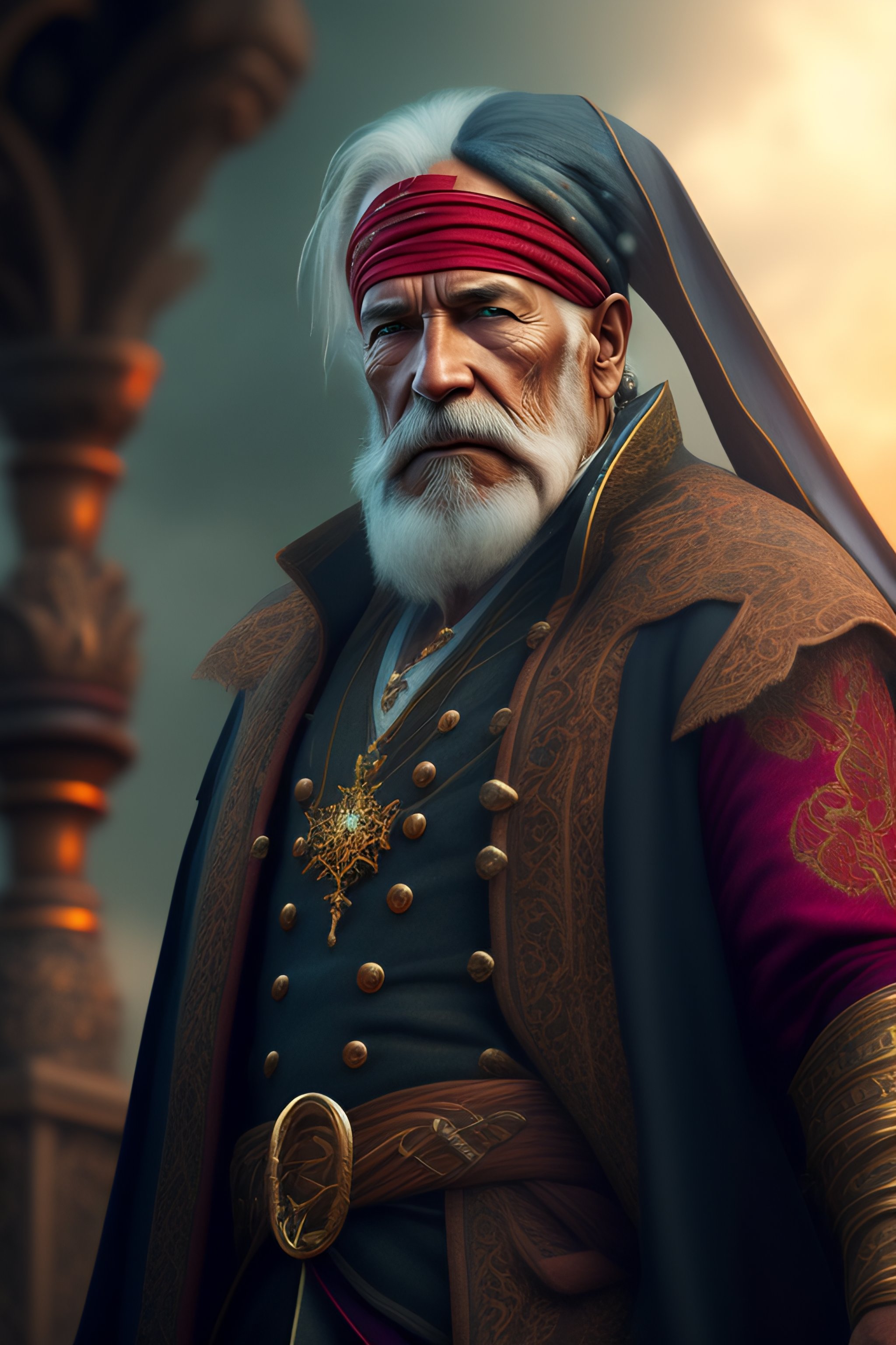 Lexica - Old pirate in colorfull clothes, veil, old male, grey ...