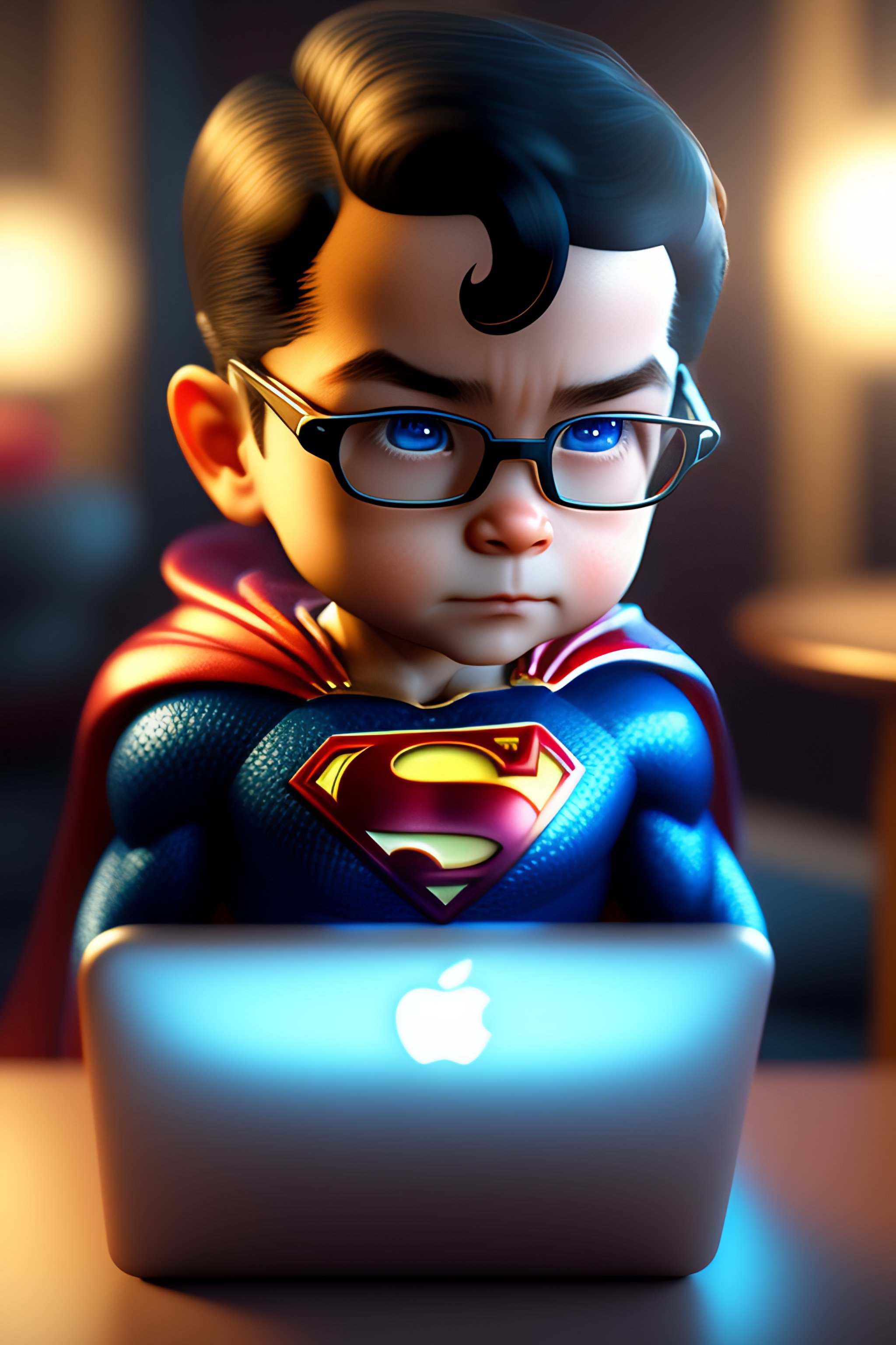 Lexica - Cute small humanoid superman sitting in front of laptop ...