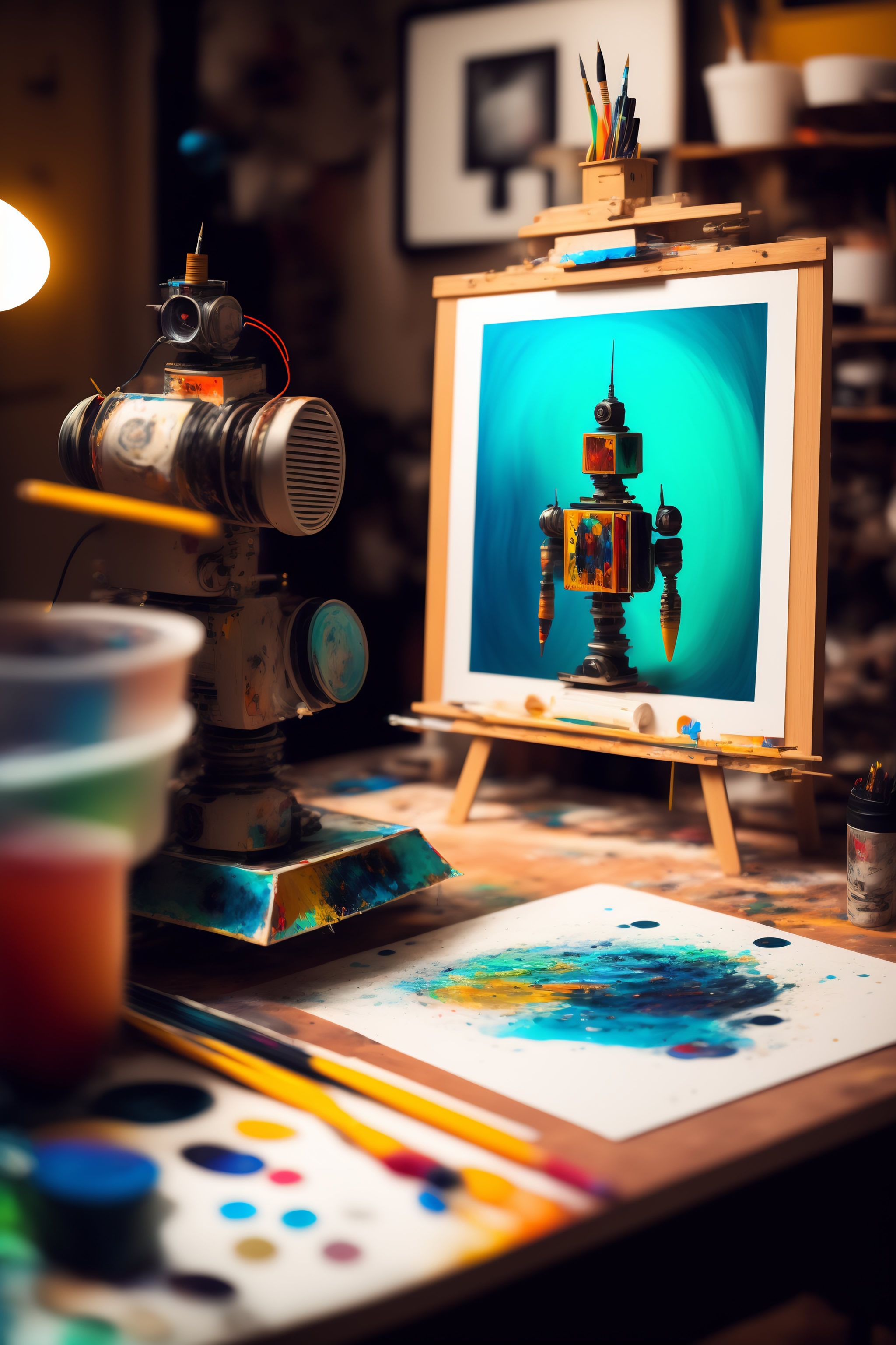 Lexica - A messy artist's workshop, inside is a robot painting a self ...